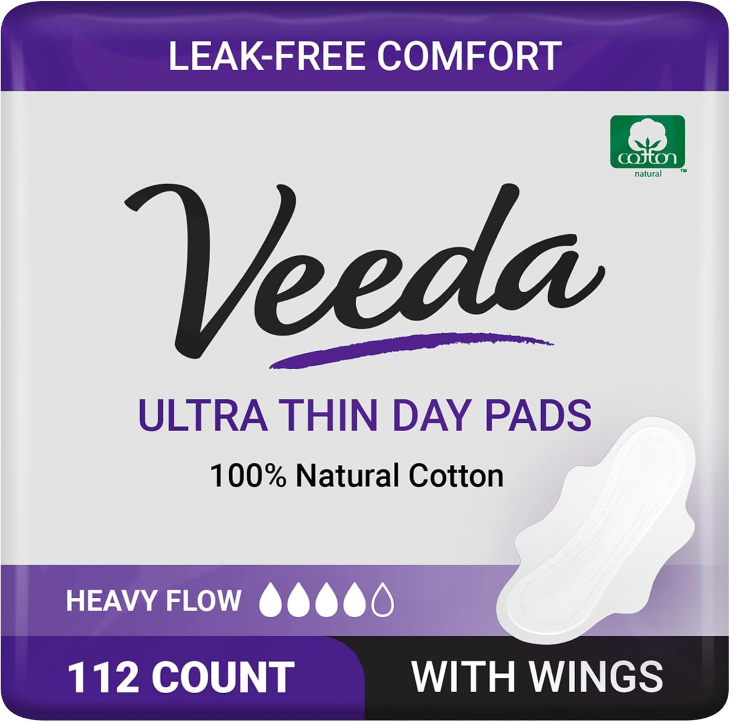 Veeda Natural Cotton Day Pads for Women - Heavy Flow Absorbent Ultra ...