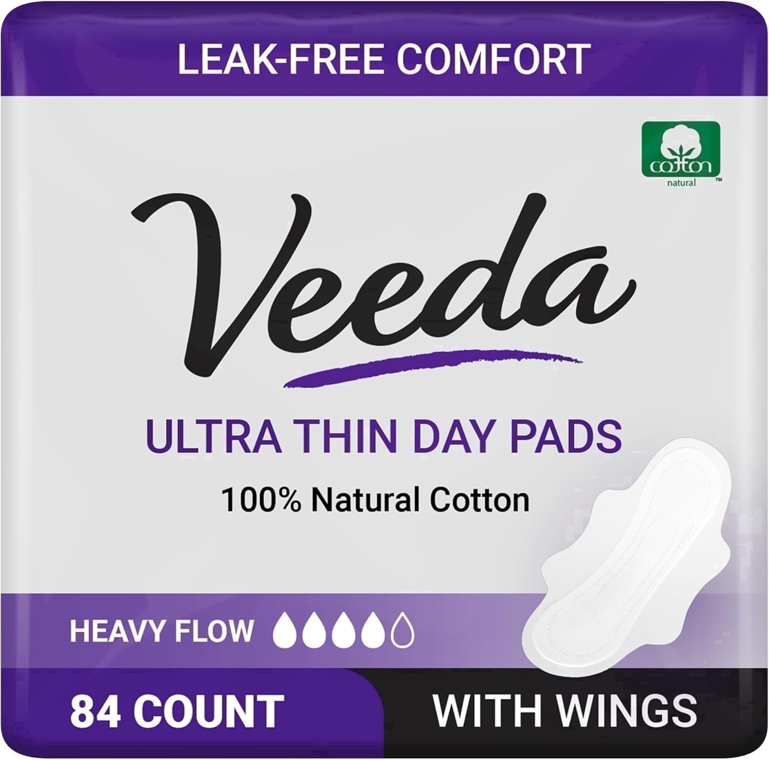 Veeda Natural Cotton Ultra-Thin Day Pads with Wings, Heavy Flow ...