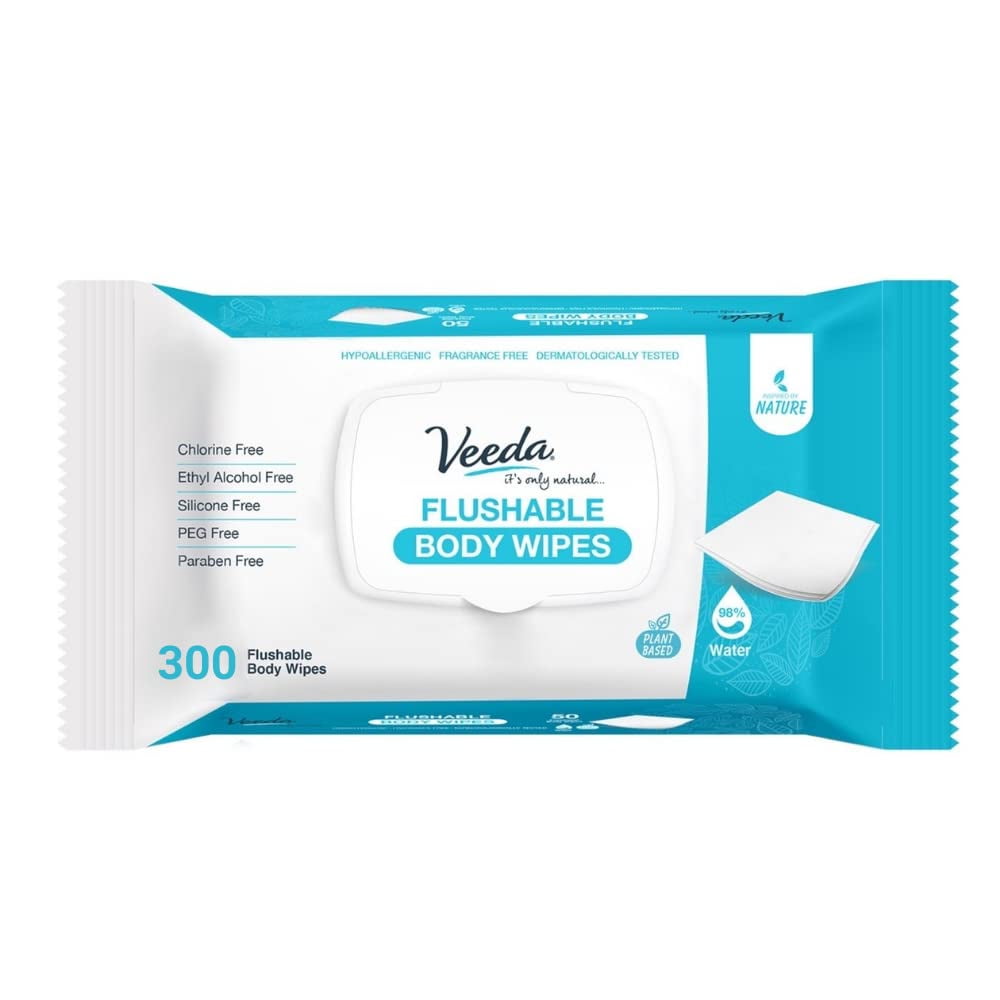Veeda Natural Flushable Wipes for Adults - 300 Count, Hypoallergenic ...