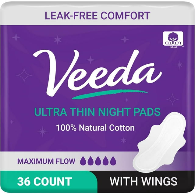 Veeda Night Pads Overnight Leak Protection Hypoallergenic 100% Natural ...