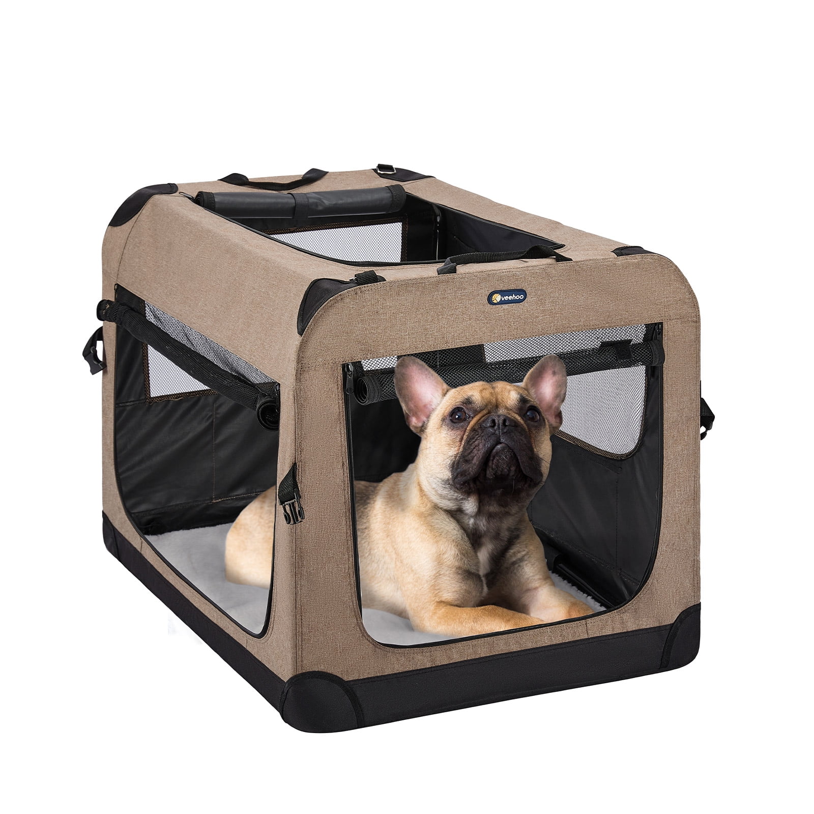 Veehoo Folding Soft Dog Crate, 3-Door Pet Kennel, 600D Cationic Oxford ...