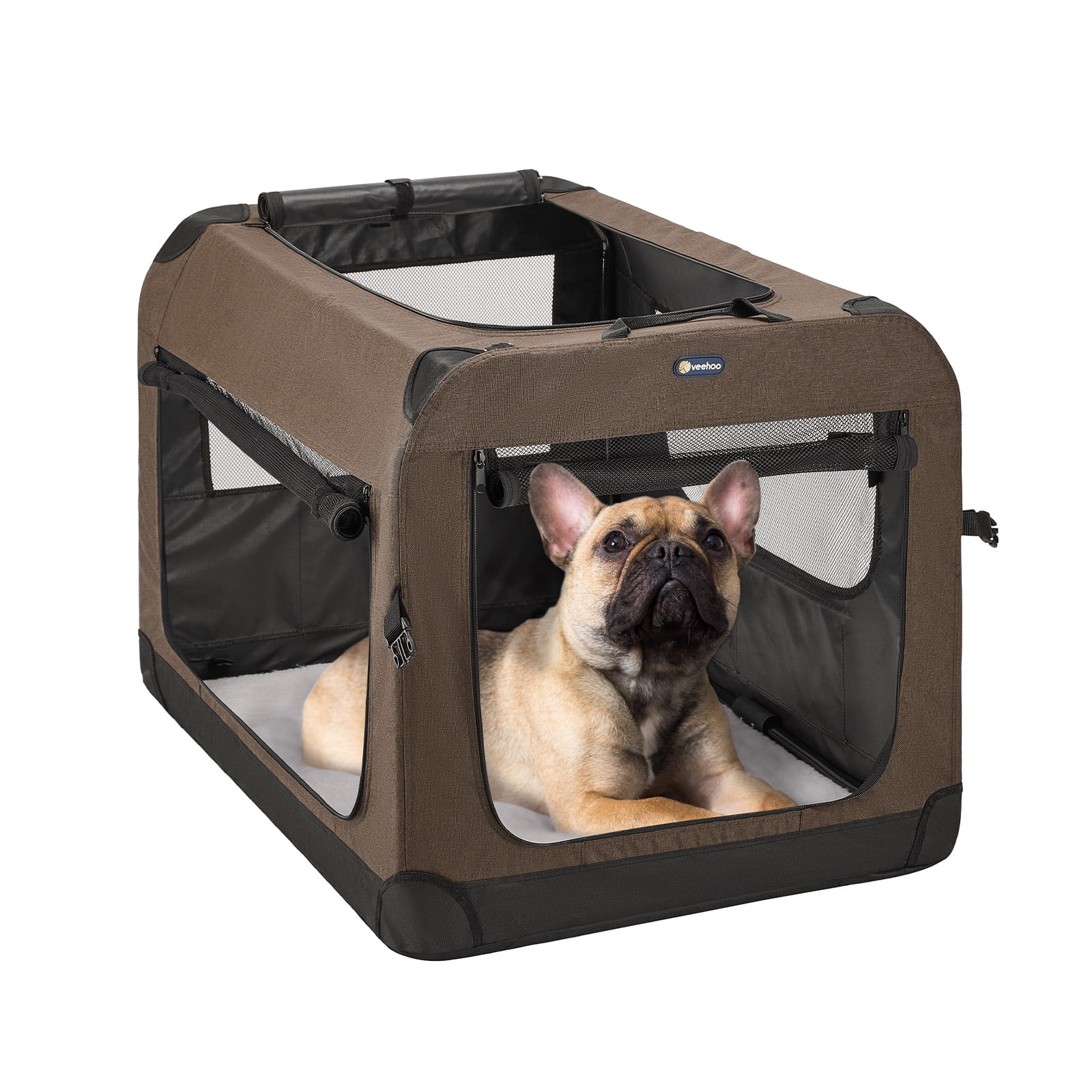 Veehoo Folding Soft Dog Crate, 3-Door Pet Kennel, 600D Cationic Oxford ...