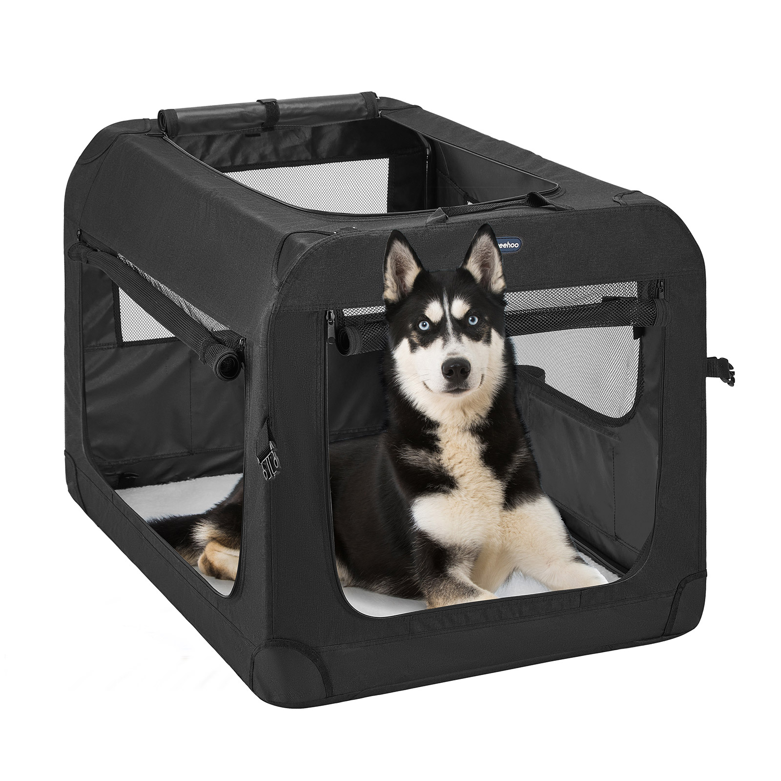 Veehoo Folding Soft Dog Crate, 3-Door Pet Kennel, 600D Cationic Oxford ...