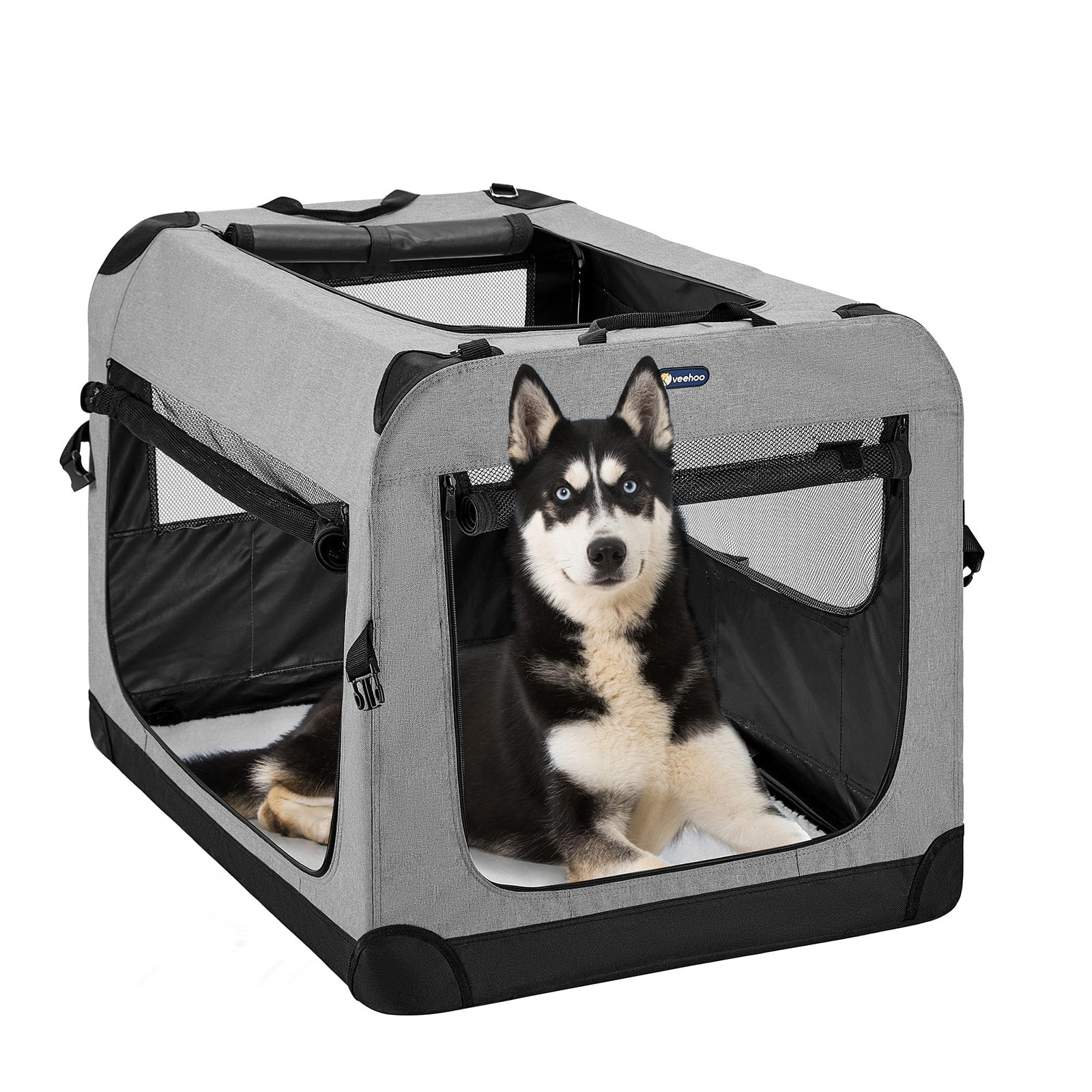 Veehoo Folding Soft Dog Crate, 3-Door Pet Kennel, 600D Cationic Oxford ...