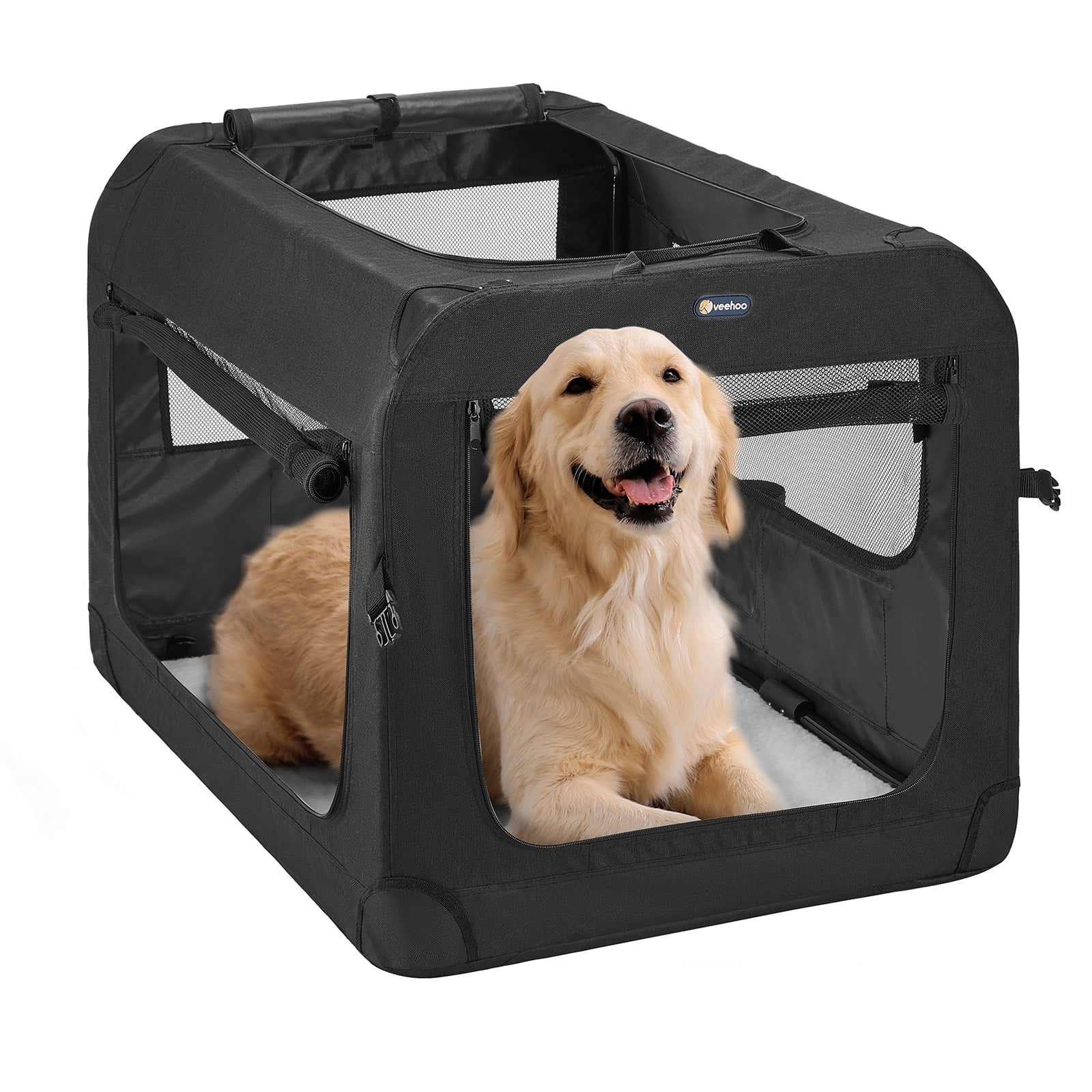 Veehoo Folding Soft Dog Crate, 3-Door Pet Kennel, 600D Cationic Oxford ...