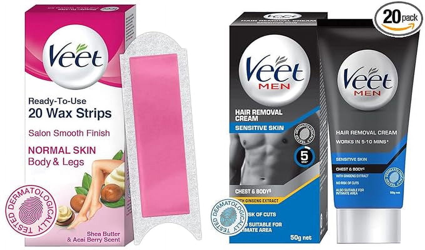 Veet Full Body Waxing Strips Kit for Normal Skin, 20 Strips & Veet Hair ...