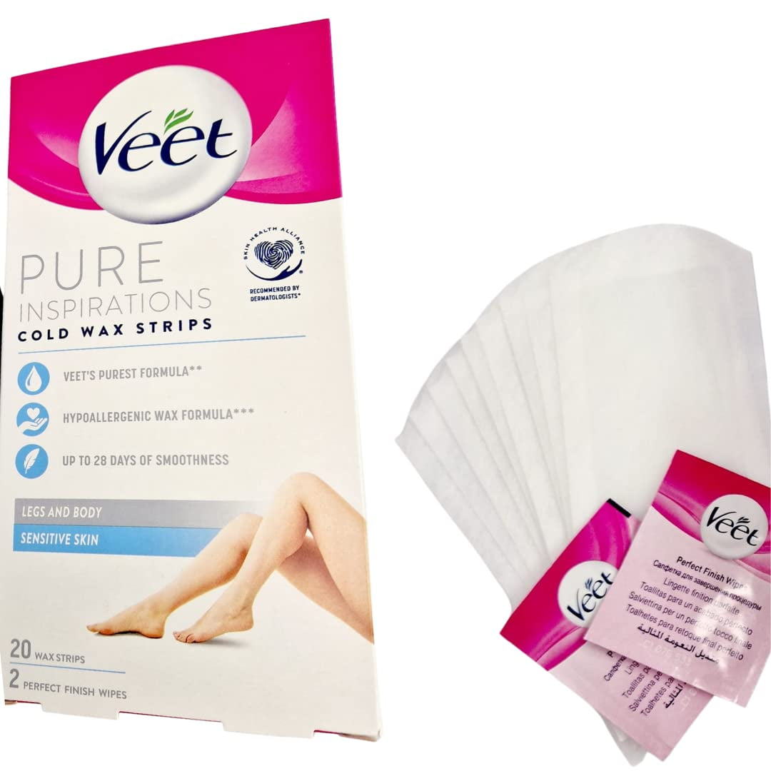 Veet Pure Cold Wax Strips, Legs & Body, Sensitive Skin, 20 Strips, 2 ...