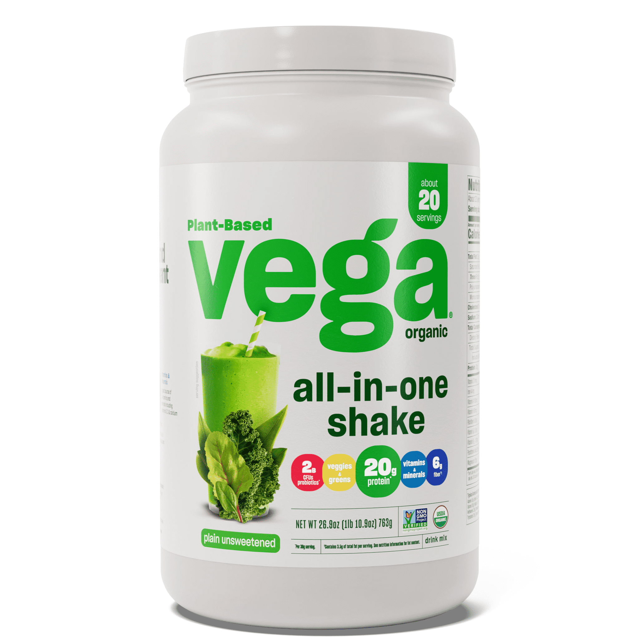 Vega Organic All-in-One Shake Plant Based Protein Powder, Unsweetened ...