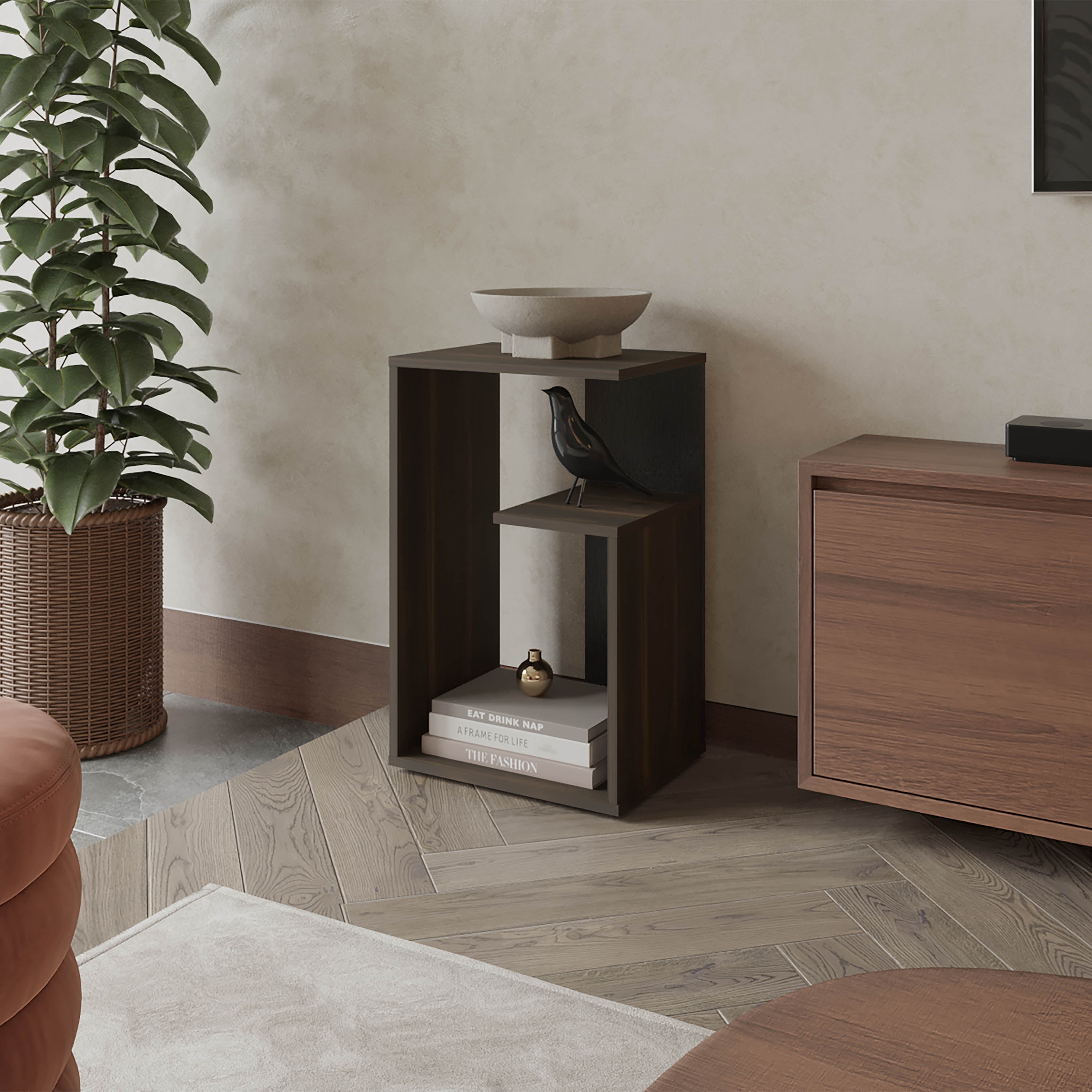 Vega Side Table In Melamine with Open Storage,Camel+Black,Multi ...