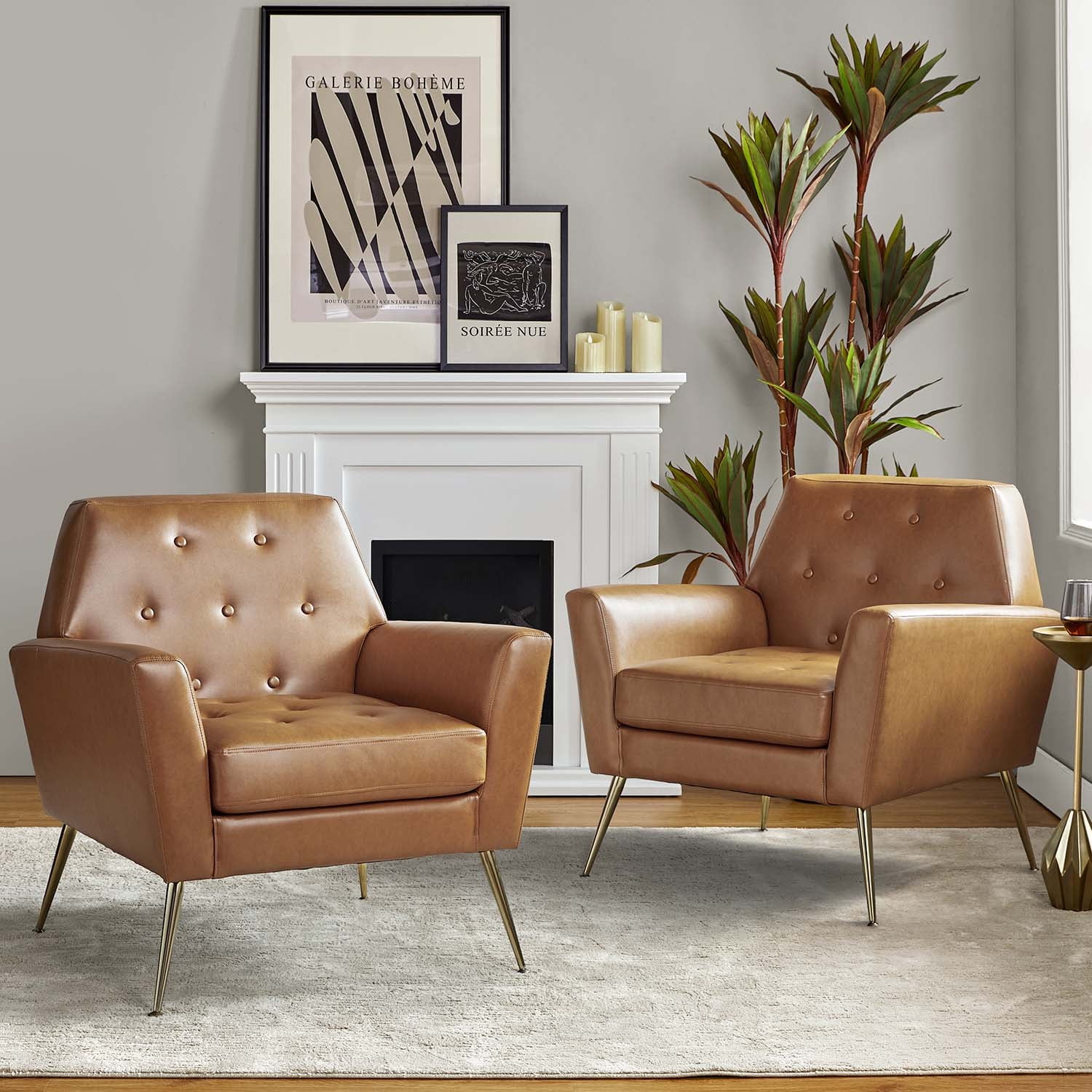Vegan Leather Accent Chair Set of 2 Upholstered Armchair Gold Legs ...