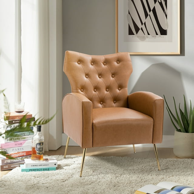 Vegan Leather Accent Chair Upholstered Wingback Armchair Tufted Back ...