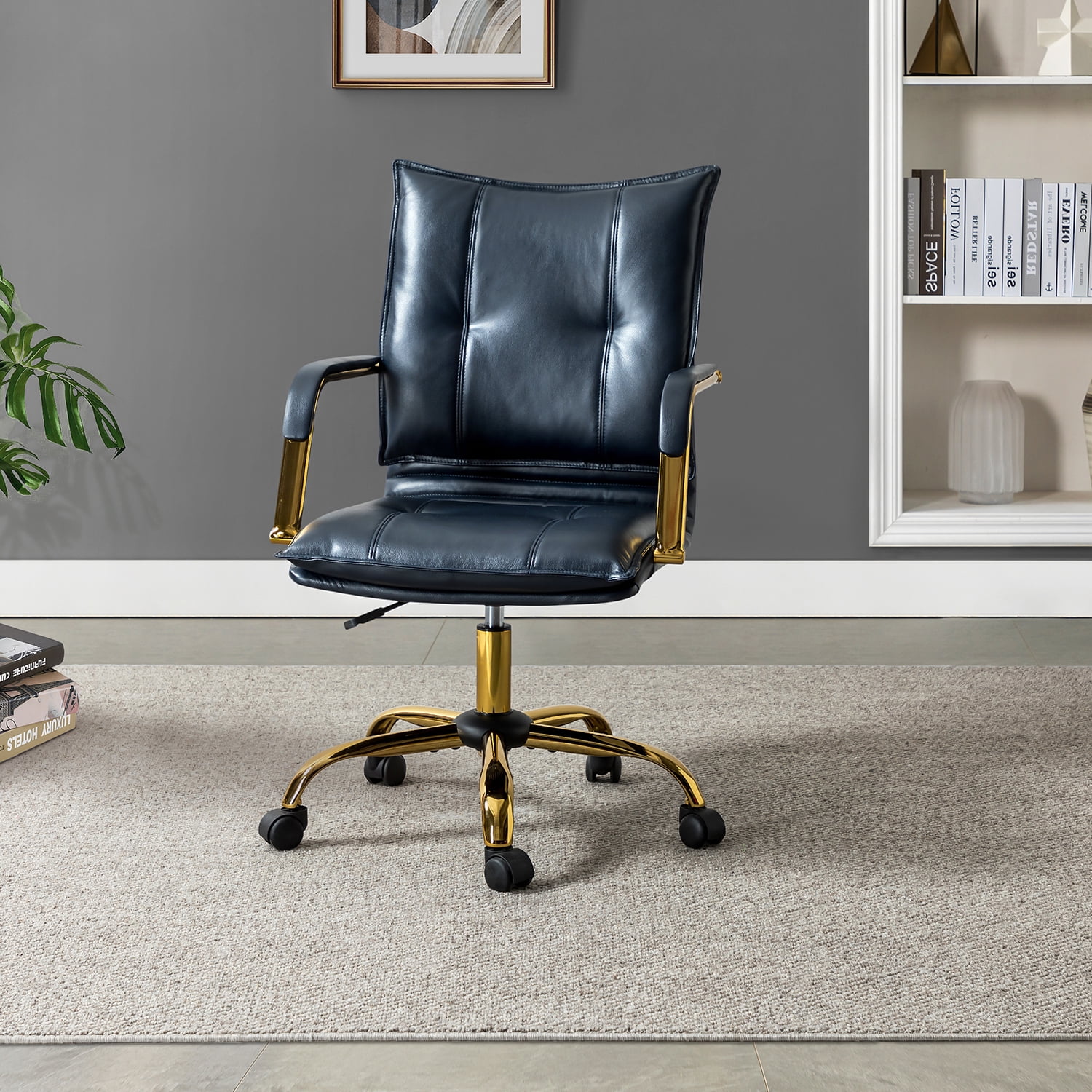 Vegan Leather Home Office Task Chair with Tufted Mid Back Armrest ...