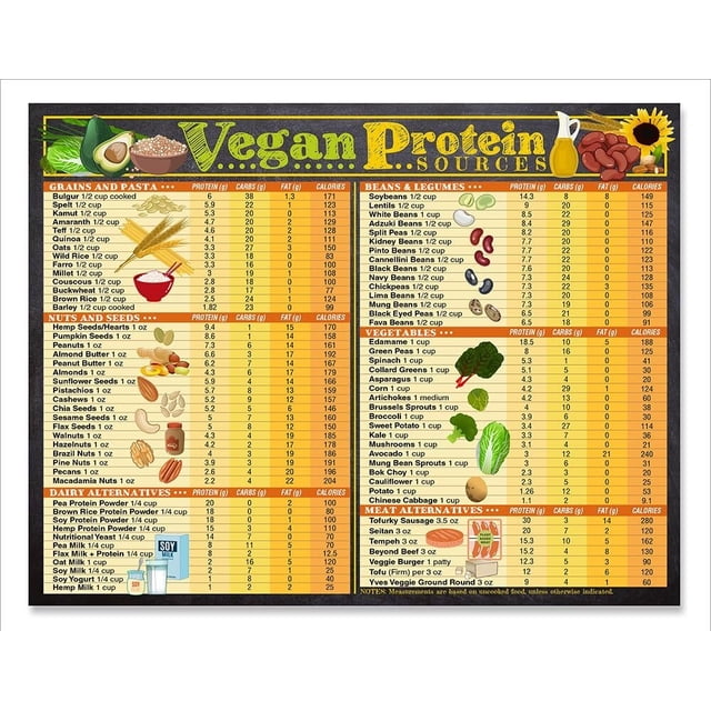 Vegan Protein Food Sources Chart Poster Plant-Based Nutritional Guide ...