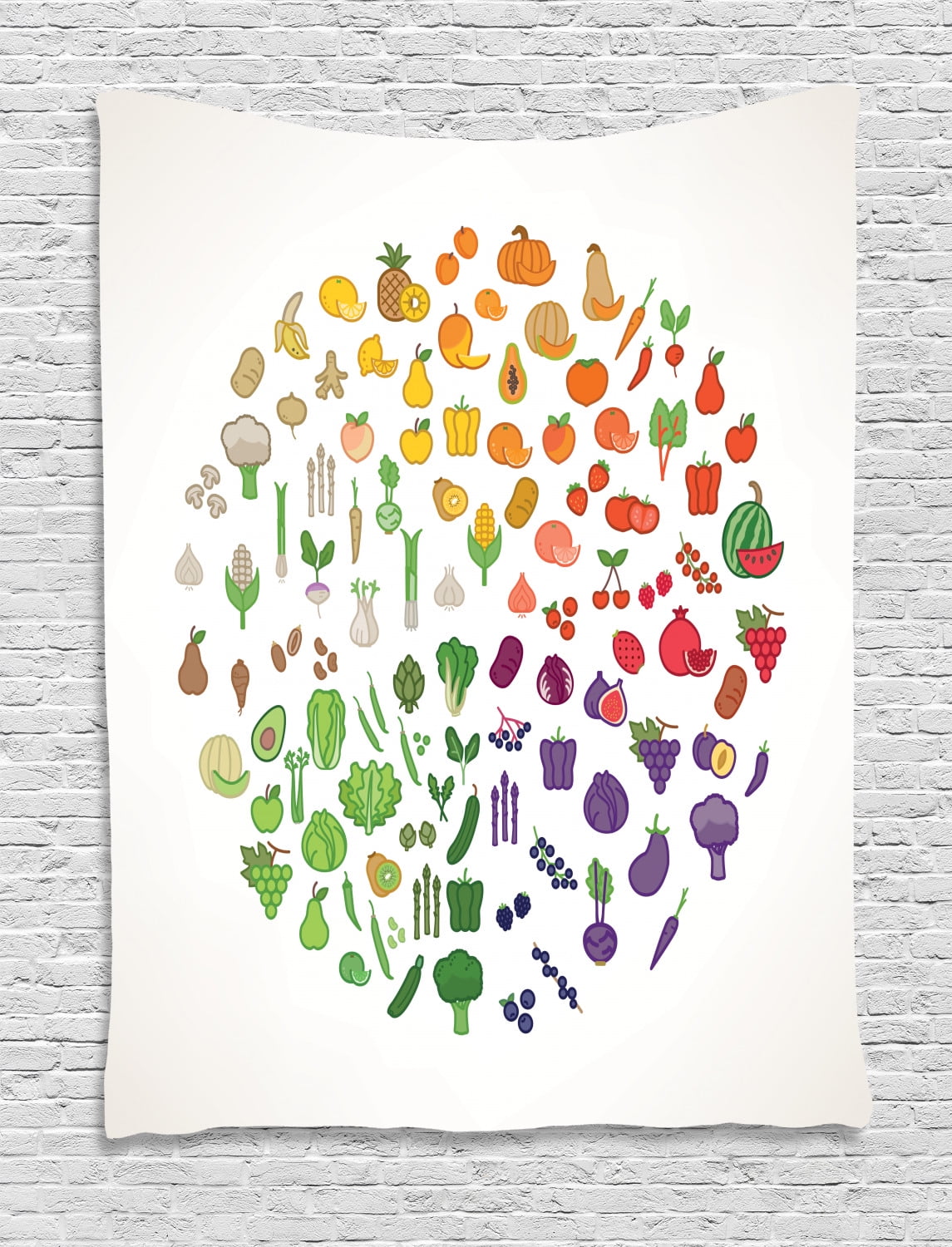 Vegan Tapestry, Fruit and Vegetables Color Wheel with Food Icons ...