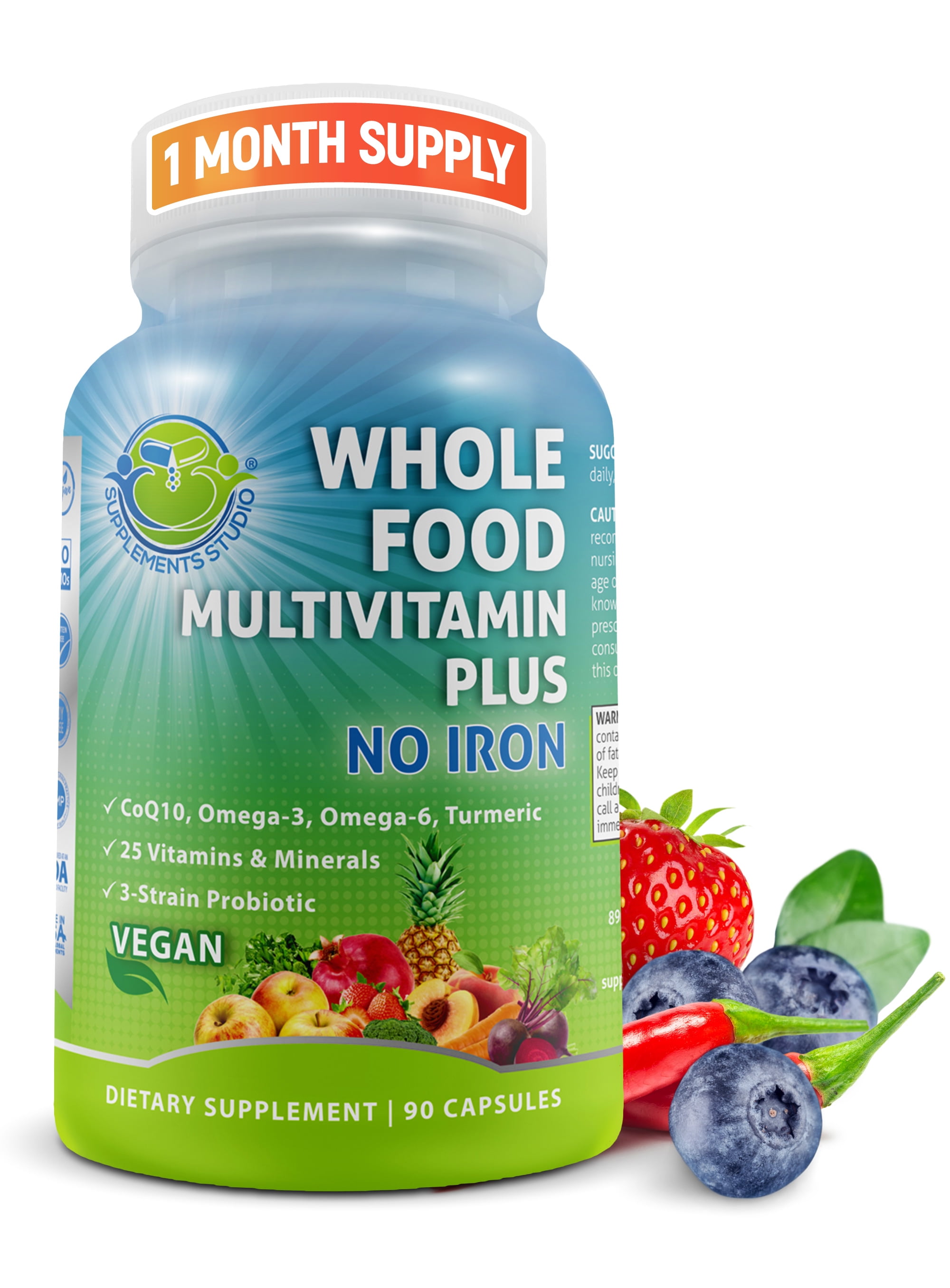 Vegan Whole Food Multivitamin (no Iron) for Women & Men's Optimal ...