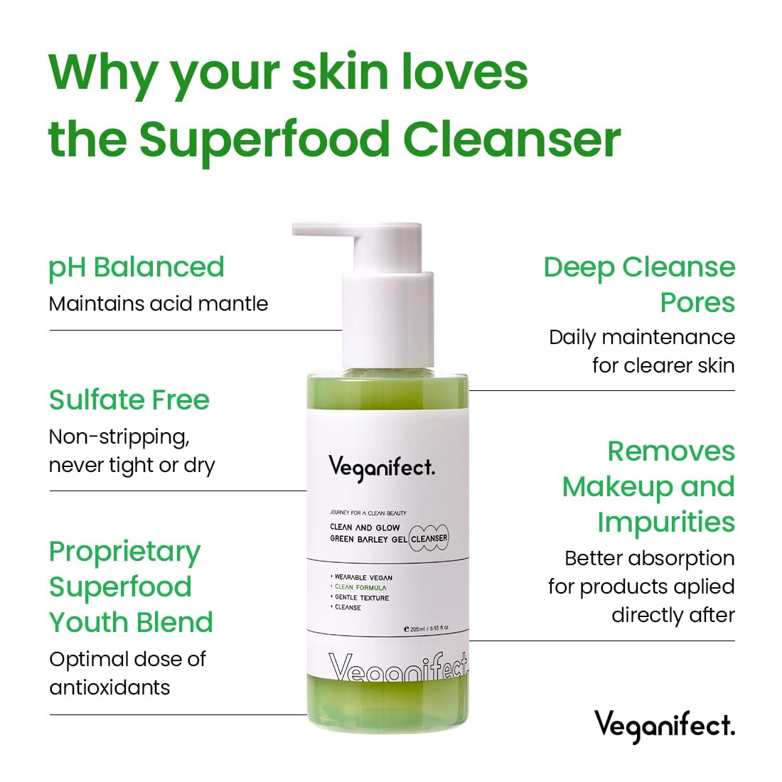 Veganifect Clean and Glow Green Barley Gel Cleanser, Vegan Certified, Hydrating, Improving Skin ...