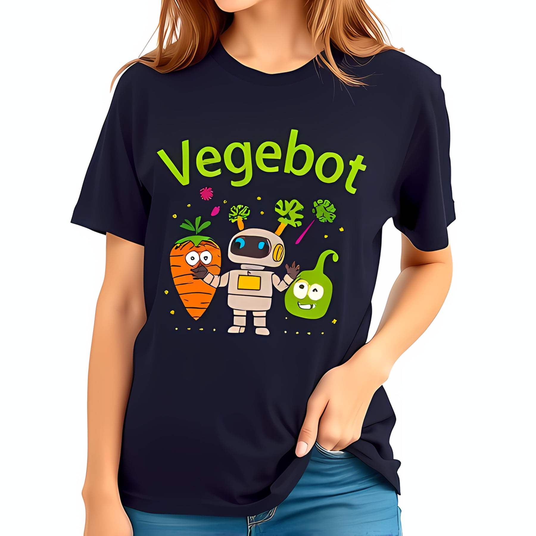 Vegebot Cartoon Robot T-Shirt Adults - Fun Navy Blue Tee with Colorful ...