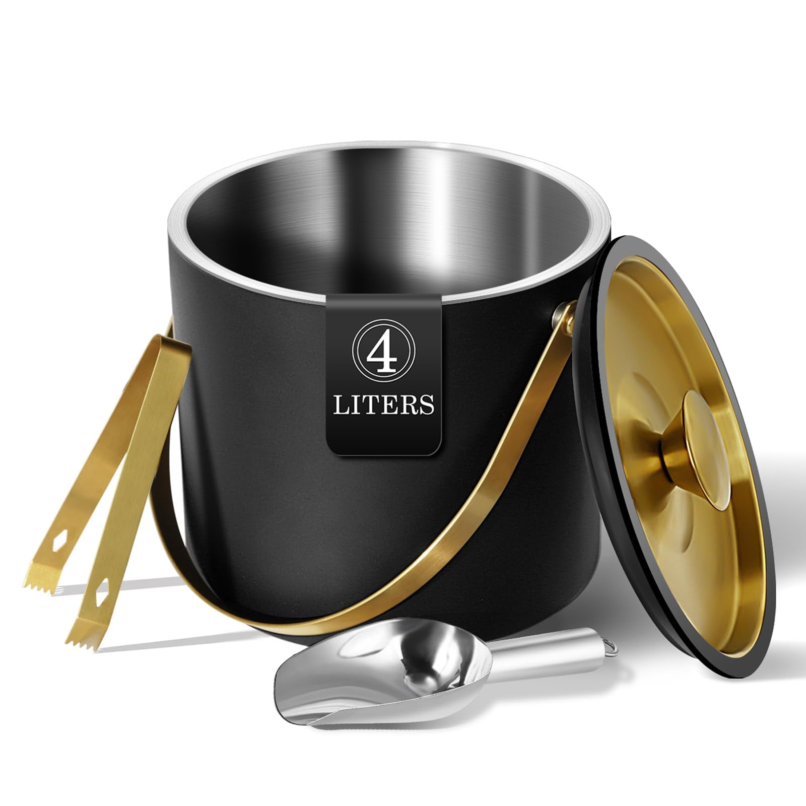 3L Ice Bucket with Silicone Lid, Scoop, Tongs & Strainer, Stainless Steel Double Wall Insulated ...