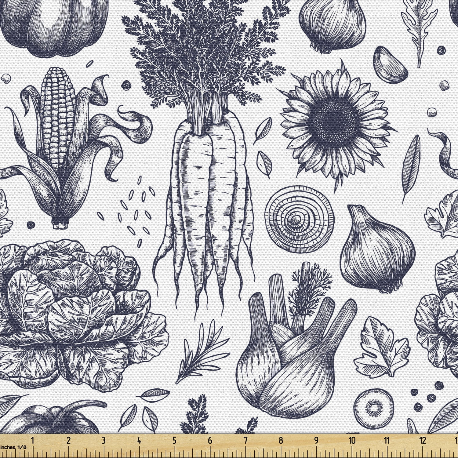 Vegetable Fabric by the Yard, Vintage Monochrome Drawn Food Pattern ...
