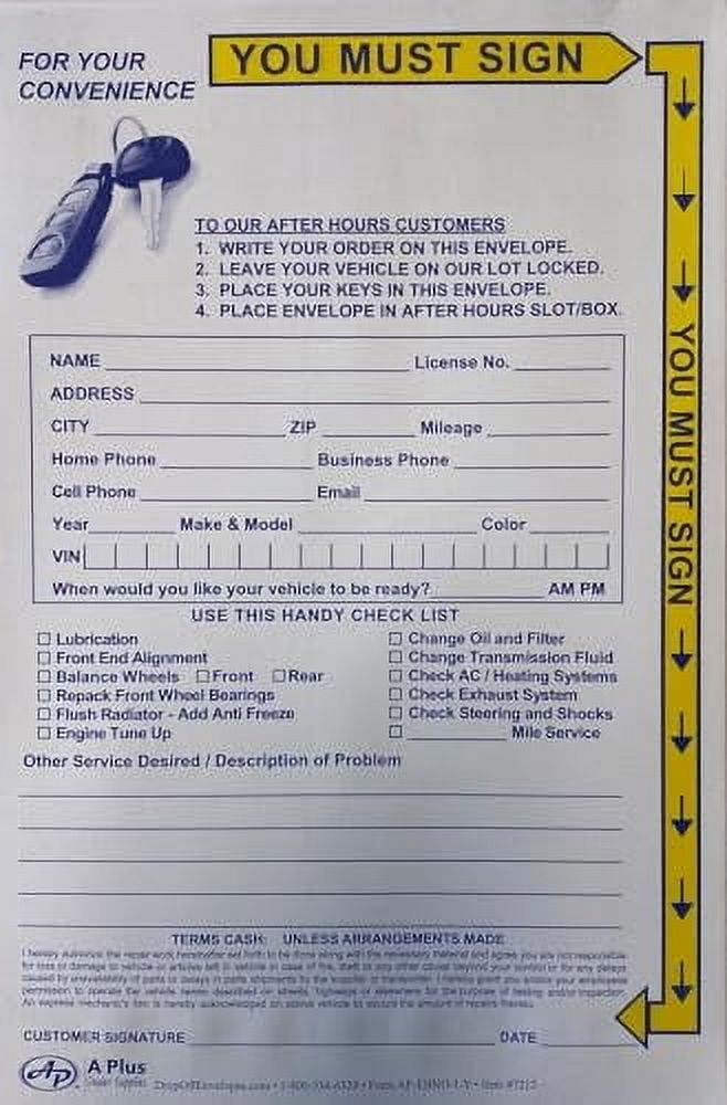 Vehicle Key Drop Off Envelopes After Hours - Yellow Highlights - AP ...