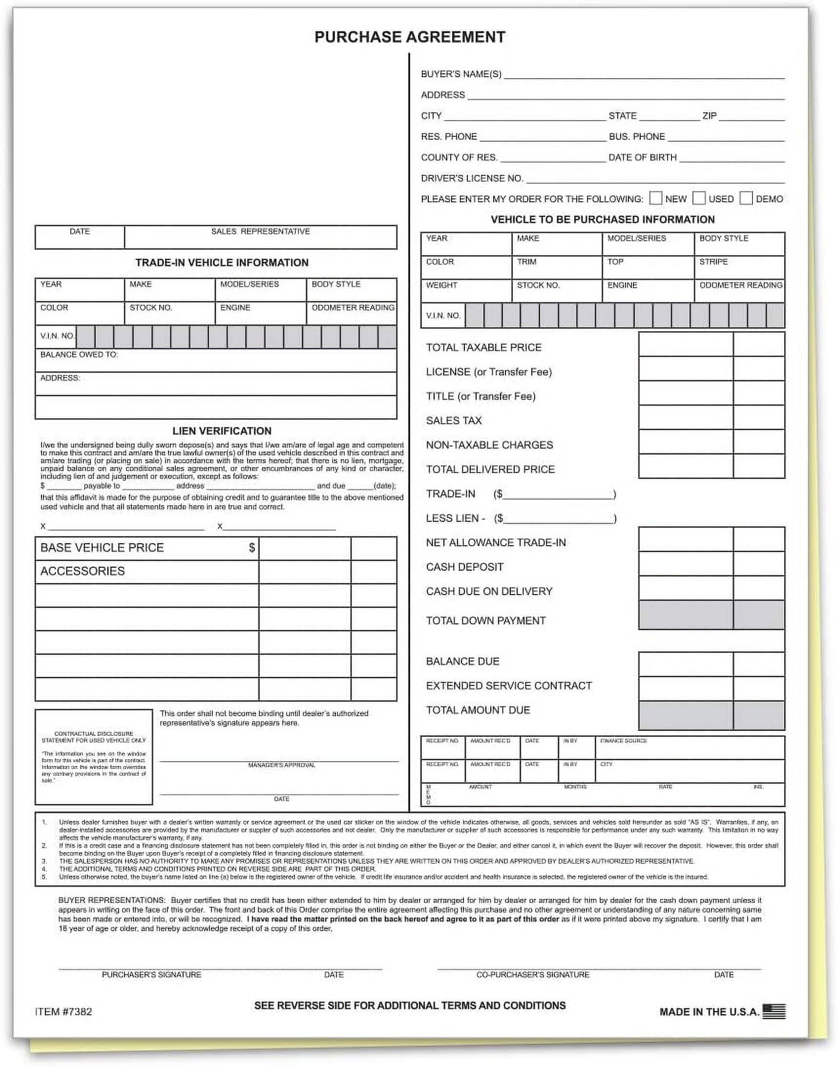 Vehicle Purchase Agreement Forms (2-Part) (100 per Pack) Auto Dealer ...