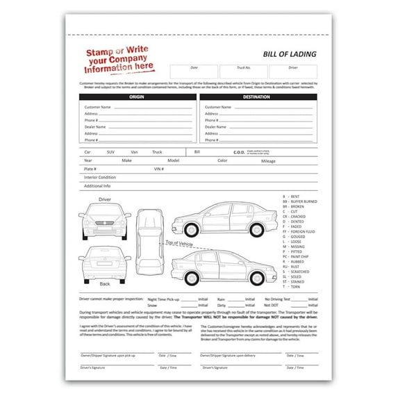 - Vehicle Transport Bill of Lading (BOL) Form, 3 Part Carbonless (100 ...