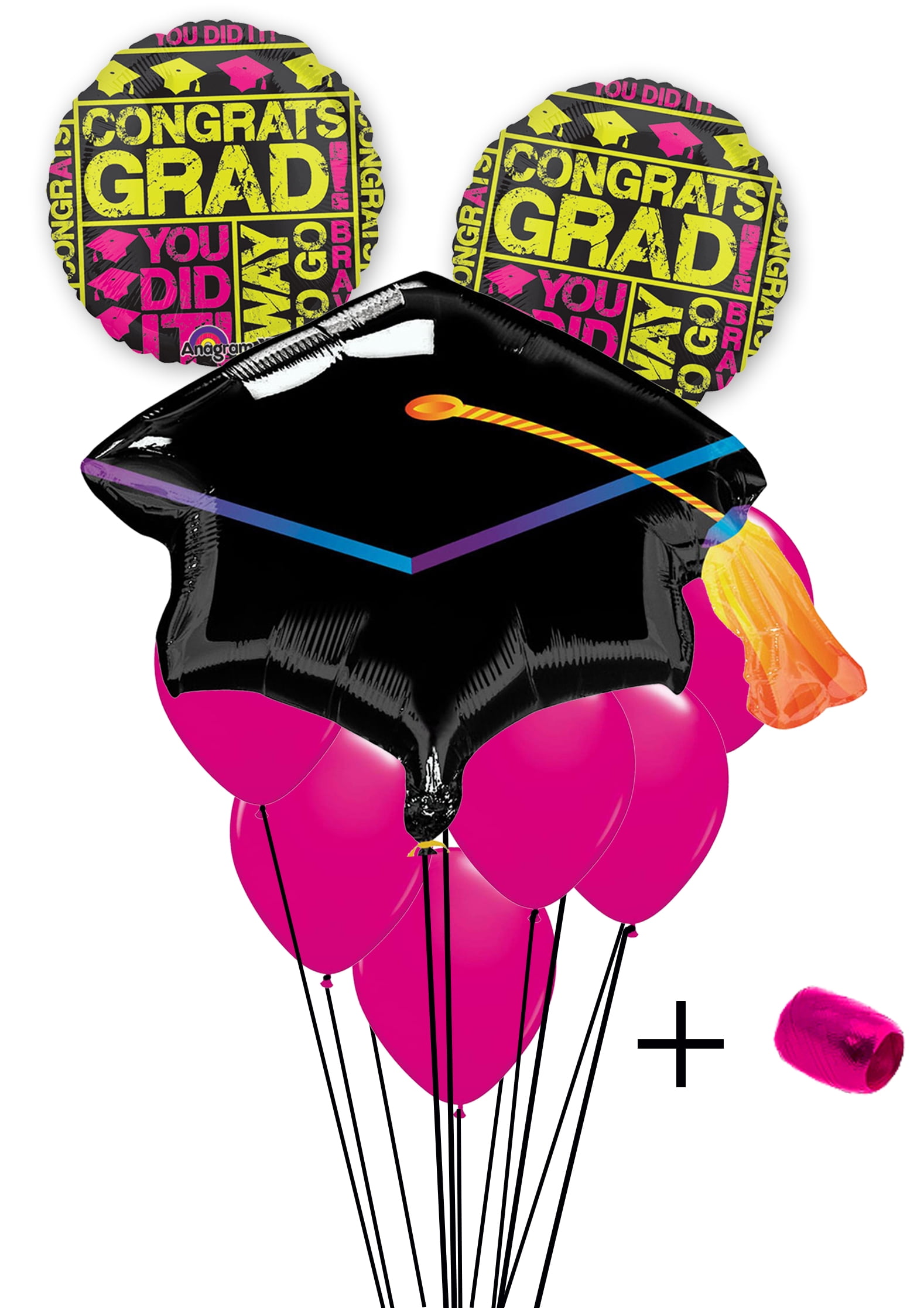 Congrats Grad Princess Graduation Cap Bouquet 9pc Balloons, Hot Pink ...