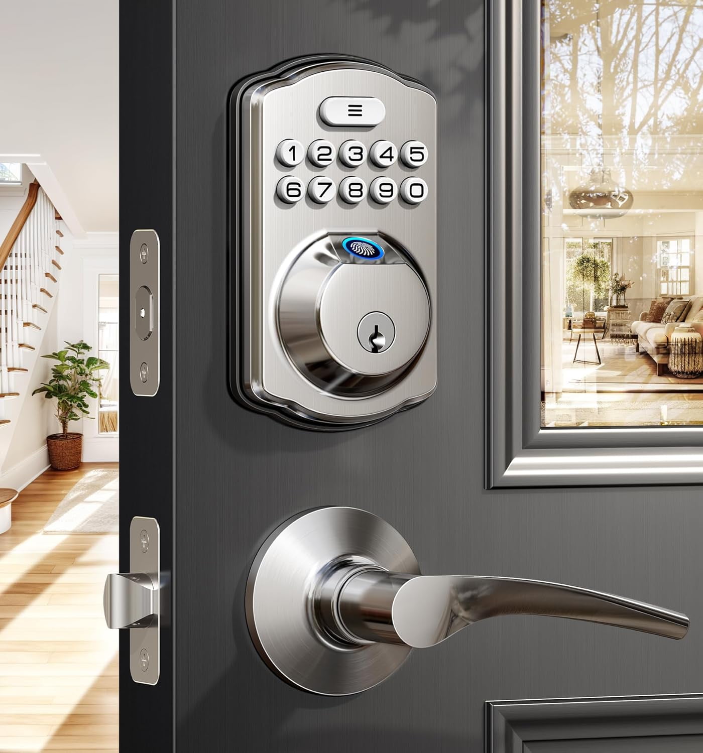Veise Fingerprint Door Lock with 2 Lever Handles - Keyless Entry Door ...
