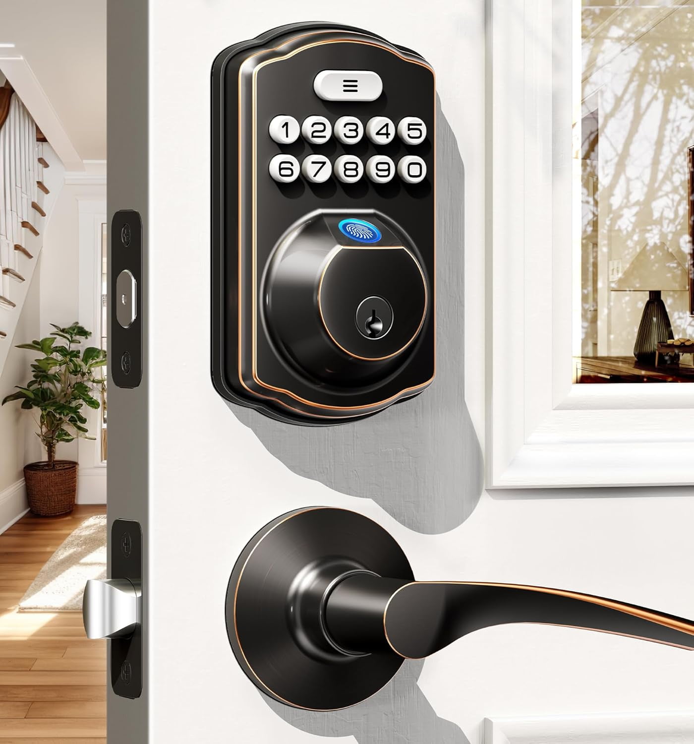 Veise Fingerprint Door Lock with 2 Lever Handles - Keyless Entry Door ...
