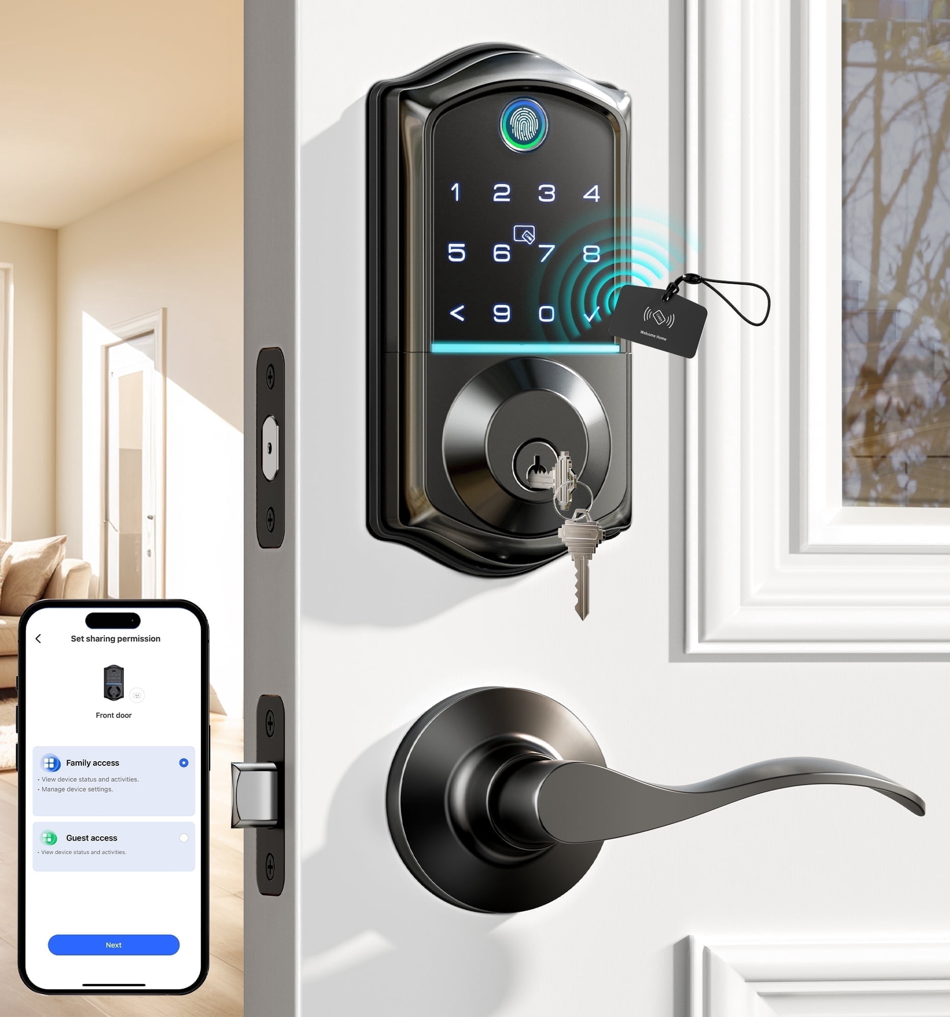 Veise Fingerprint Smart Lock with 2 Lever Handles, Keyless Entry Front ...