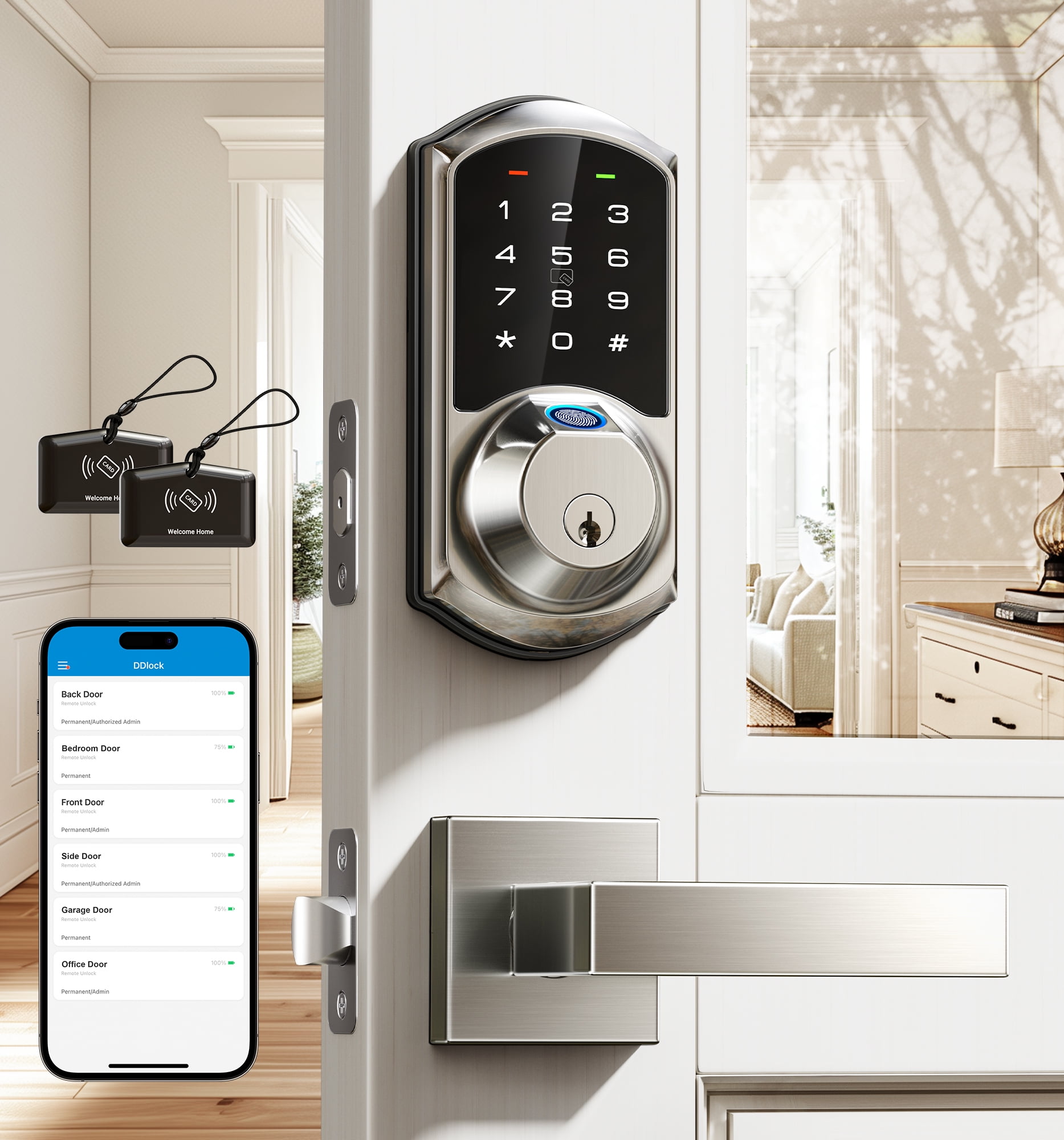 Veise Fingerprint Smart Locks for Front Door with 2 Lever Handle Set ...