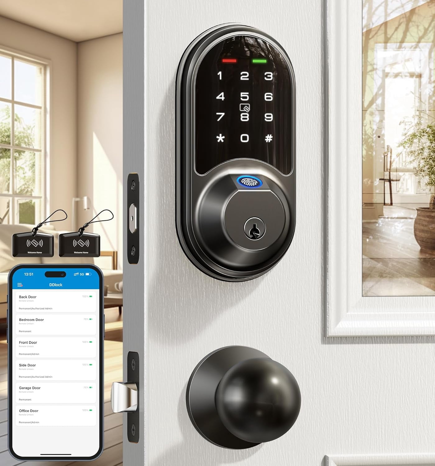 Veise RZ07C Smart Locks for Front Door, 2 Knob Handle Set, Fingerprint ...