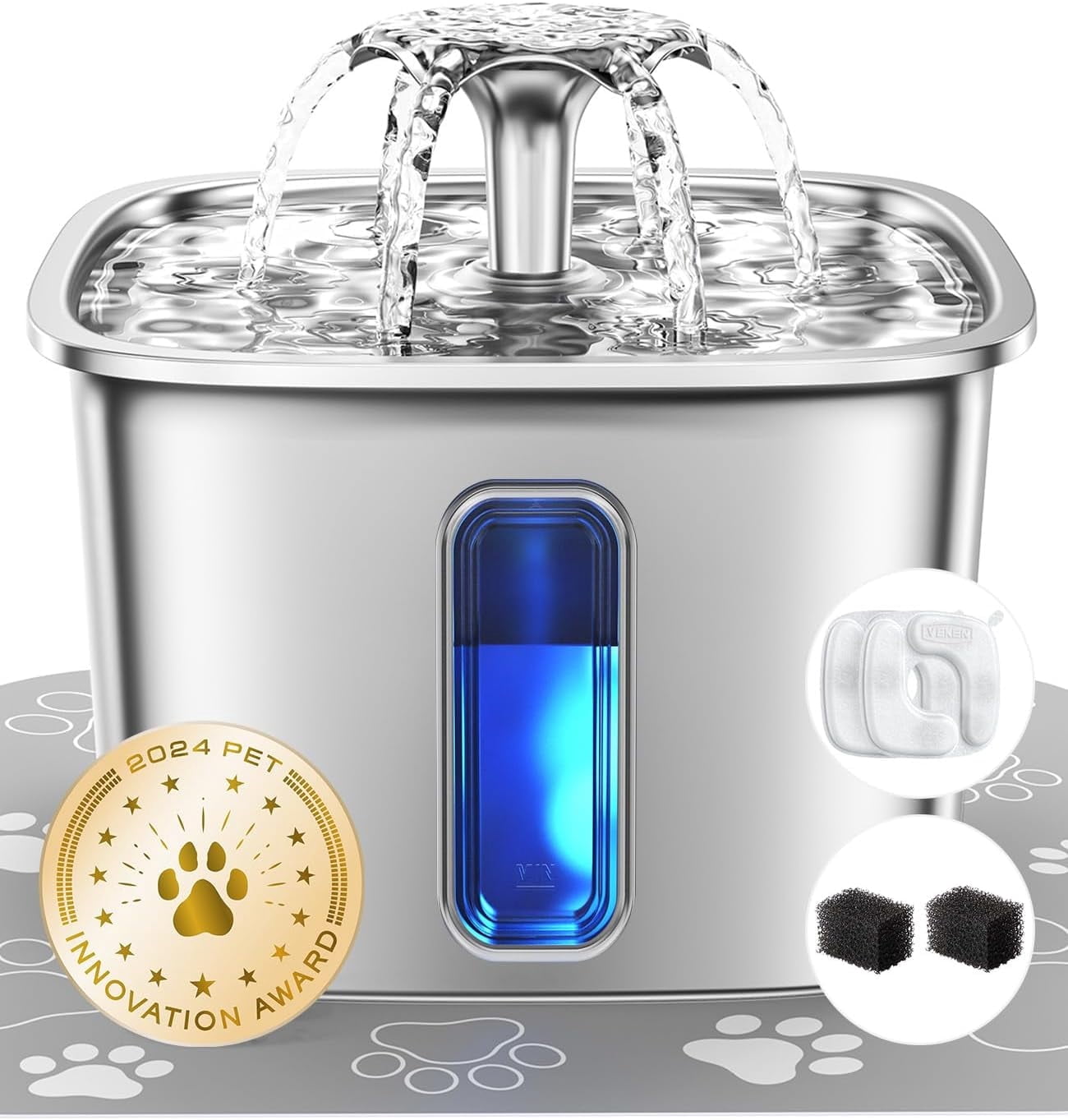 Veken Innovation Award Winner Stainless Steel Cat Water Fountain, 95oz ...
