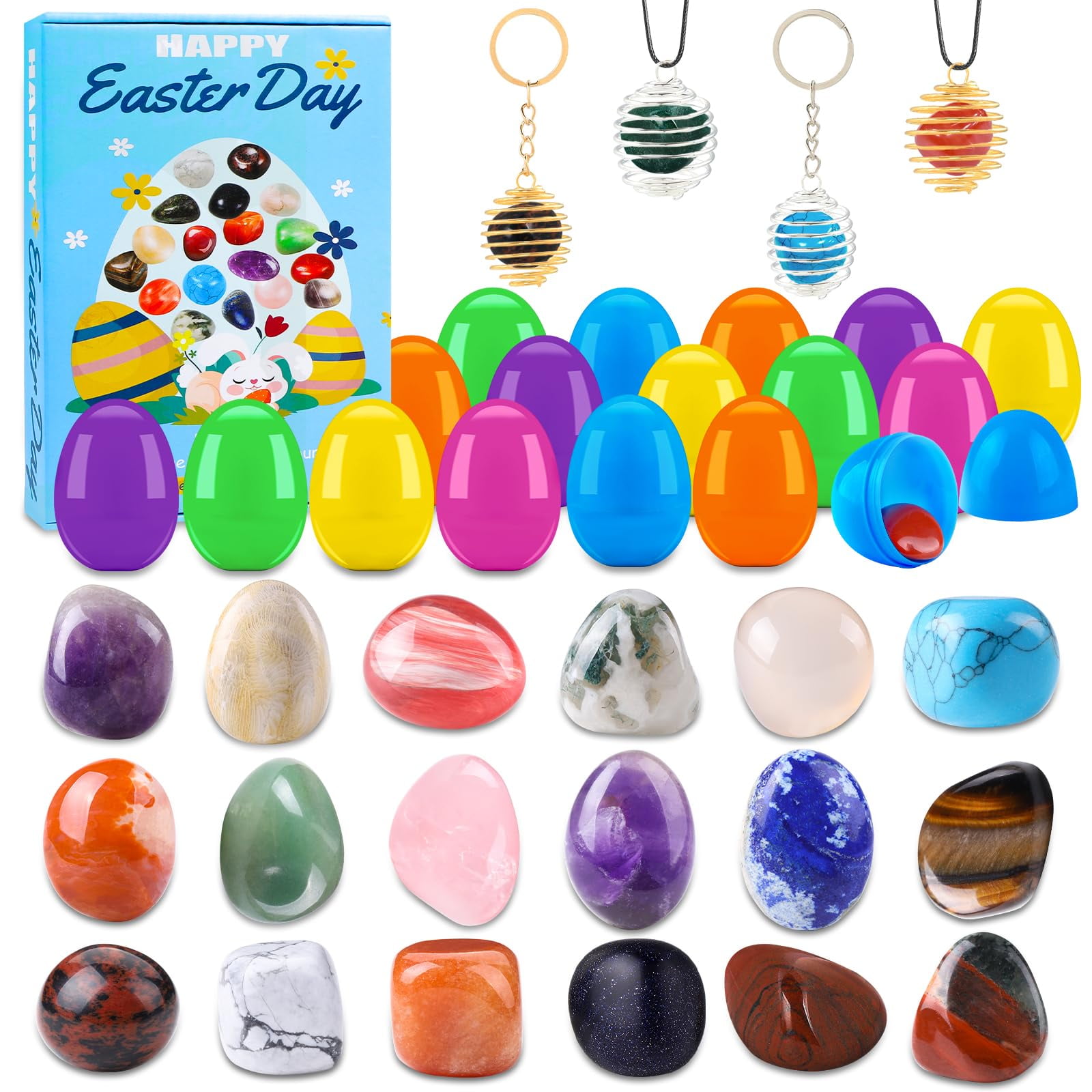Vellibring Easter Basket Stuffers,18pcs STF9 Gemstones Prefilled Easter Eggs Rocks Crystals with ...