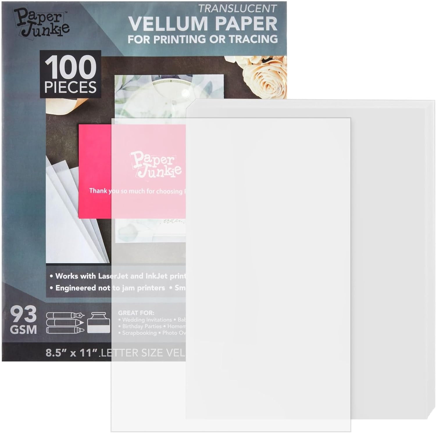 Vellum Paper Sheets - 8.5 x 11 in, 100 Count - 93gsm Translucent ...
