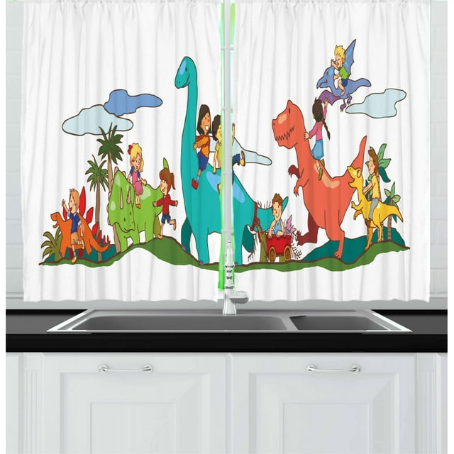 Velociraptor Curtains 2 Panels Set, Children Playing with Dinosaurs ...