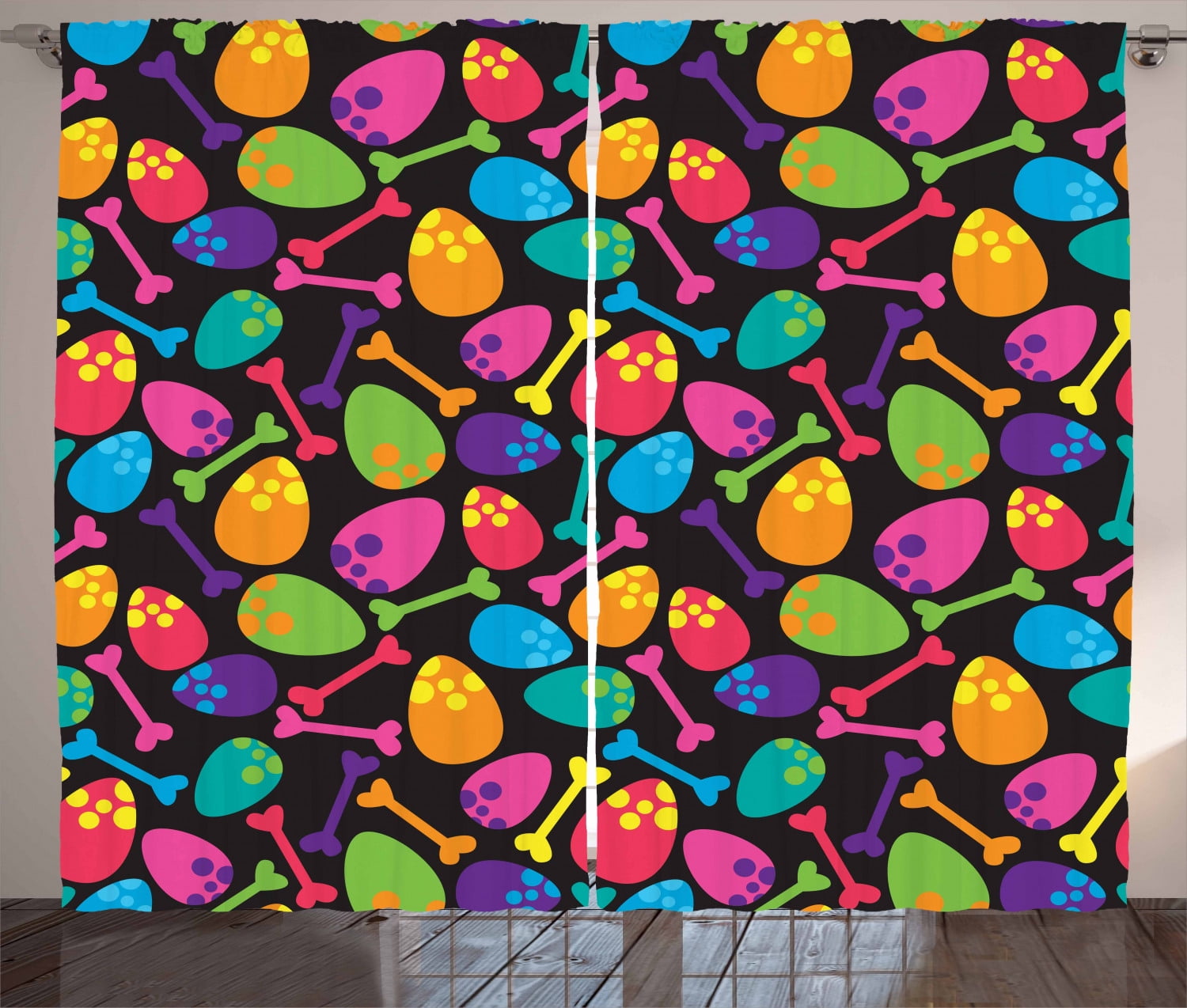 Velociraptor Curtains 2 Panels Set, Dinosaur Eggs and Bones Baby Shower ...