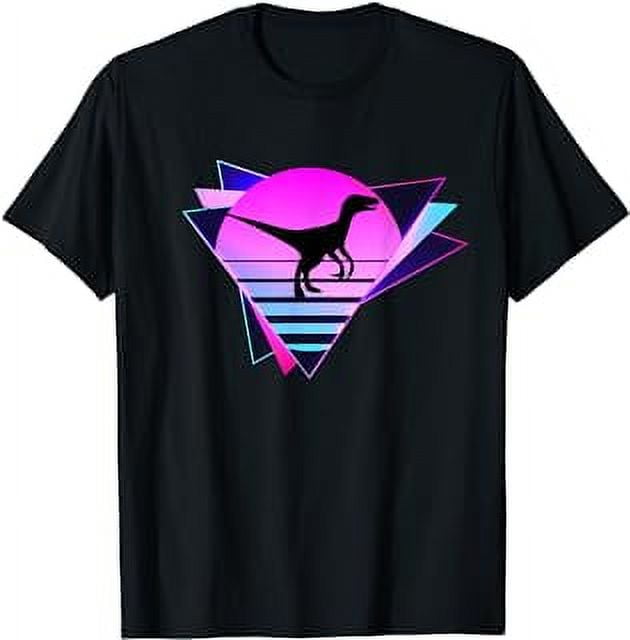 Velociraptor Silhouette Retro 80s Vaporware Dinosaur Sunset T-Shirt ...