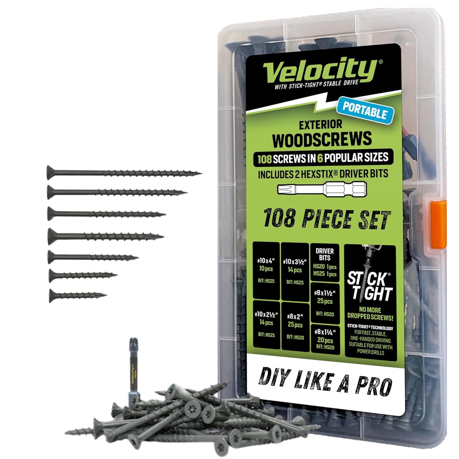Velocity Exterior Wood Screw Kit – 108 Steel Screws, 6 Sizes, 2 Bits ...