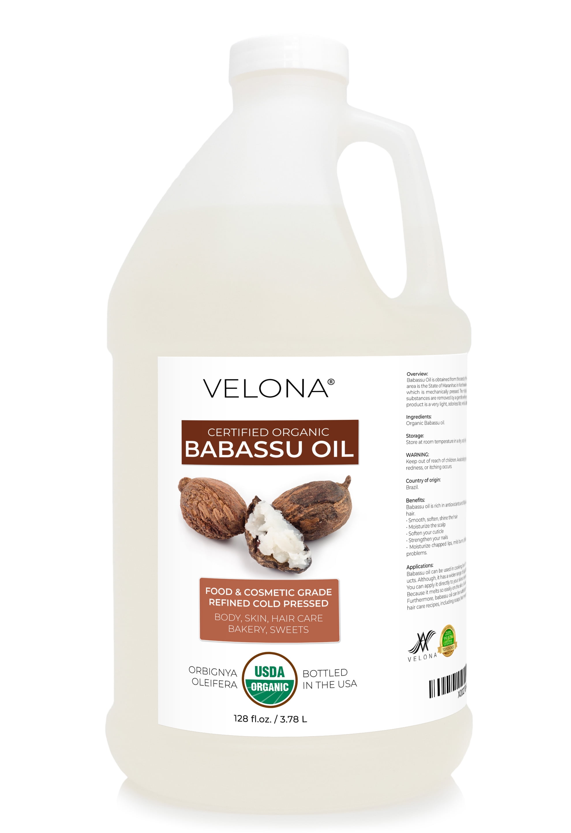 Velona Babassu Oil USDA Certified Organic - 1 Gallon / 128 Fl Oz | 100% ...