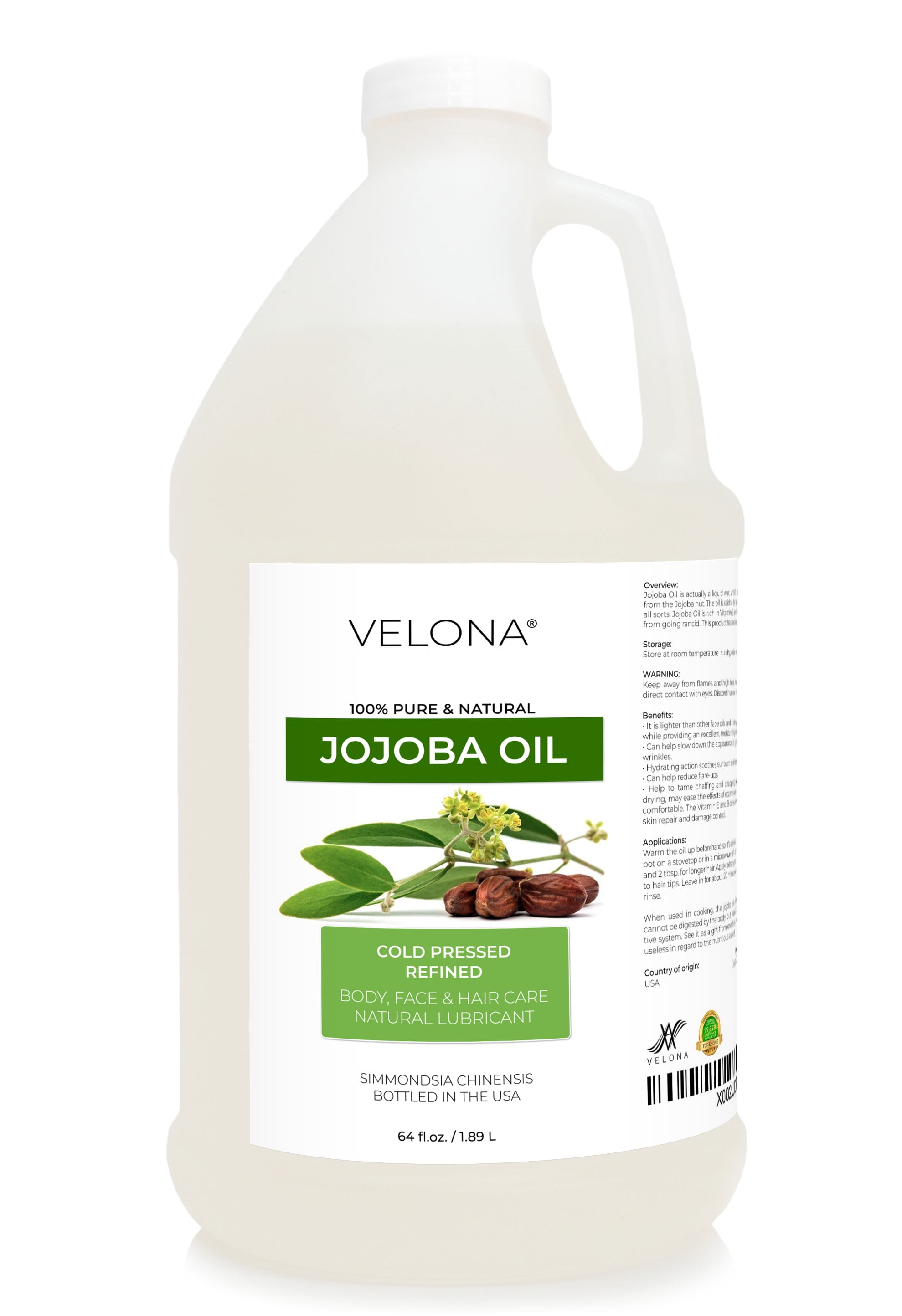 Velona Jojoba Oil - 64 oz | 100% Pure and Natural Carrier Oil | Clear ...