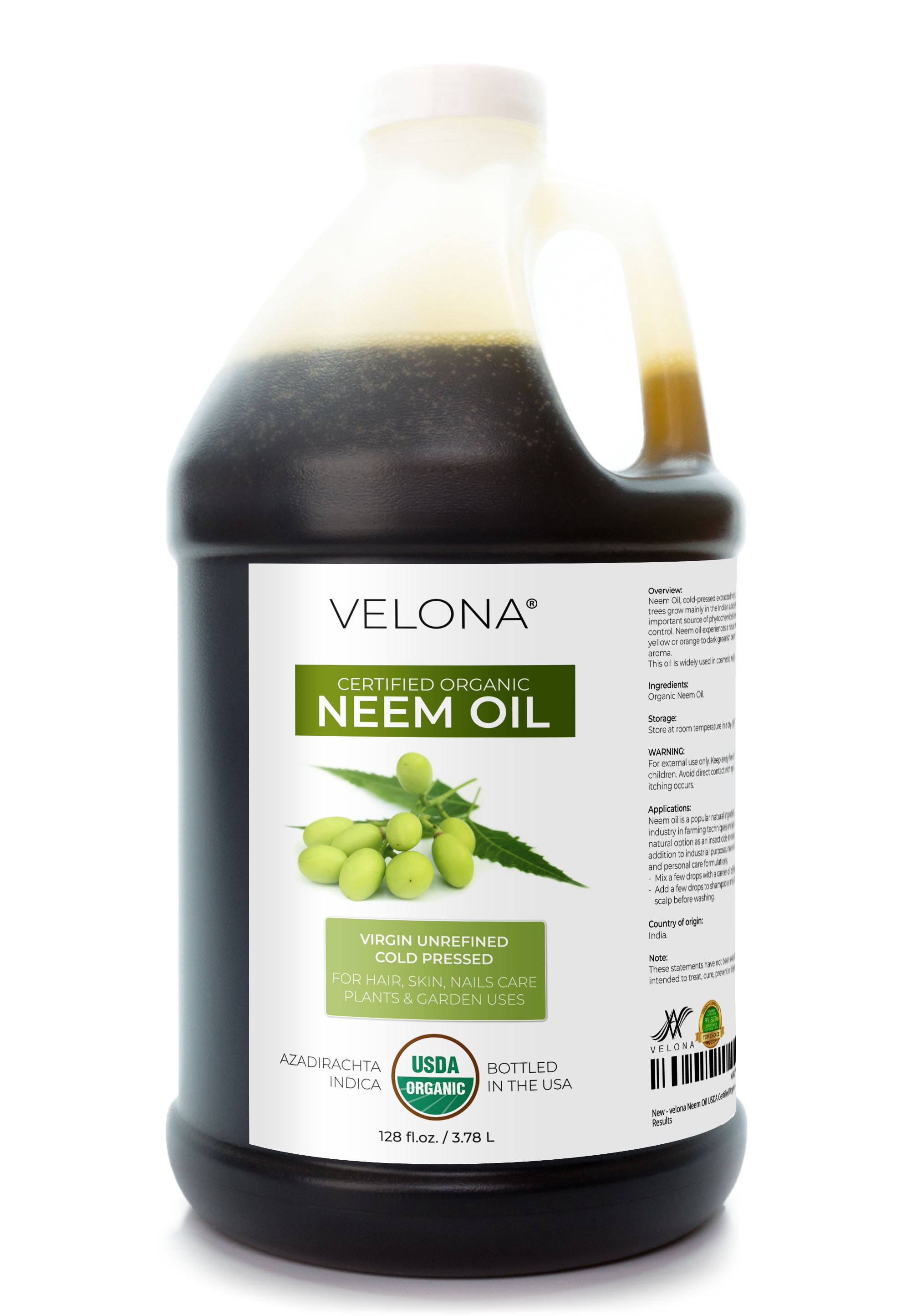 velona Neem Oil USDA Certified Organic - 1 Gallon / 128 Fl Oz | 100% ...
