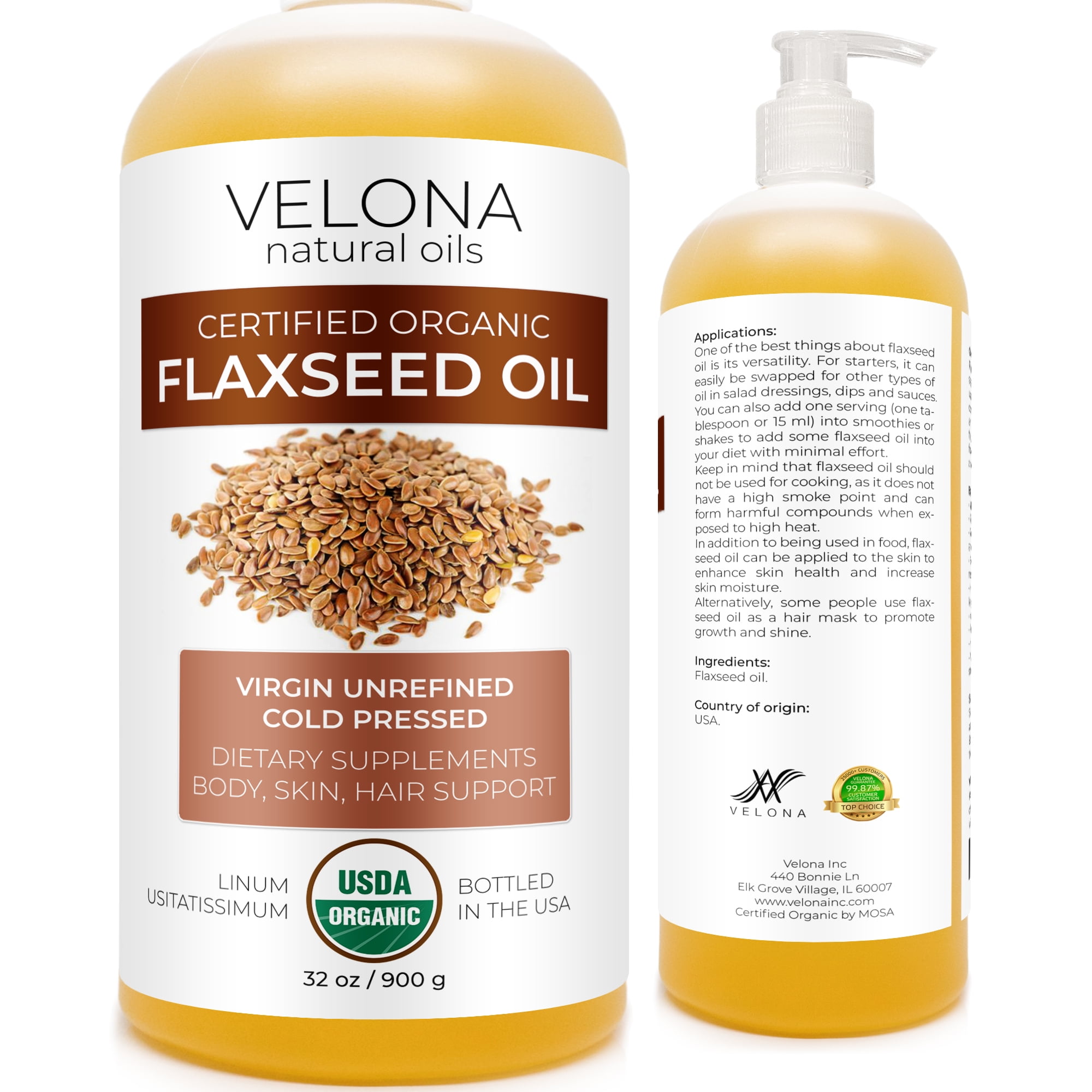 Velona USDA Certified Organic Flaxseed Oil - 32 oz | 100% Pure and ...