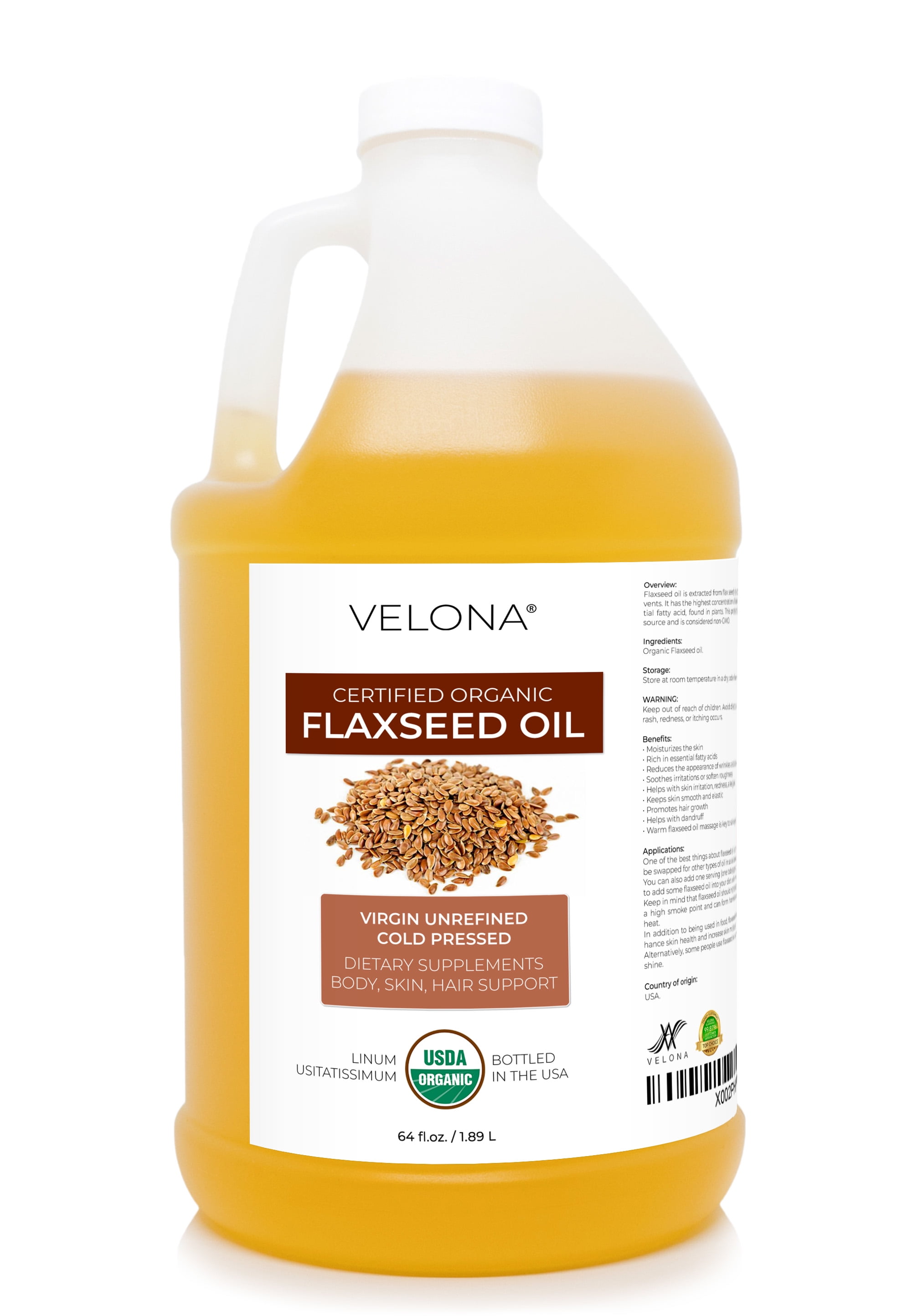 Velona USDA Certified Organic Flaxseed Oil - 64 oz | 100% Pure and ...