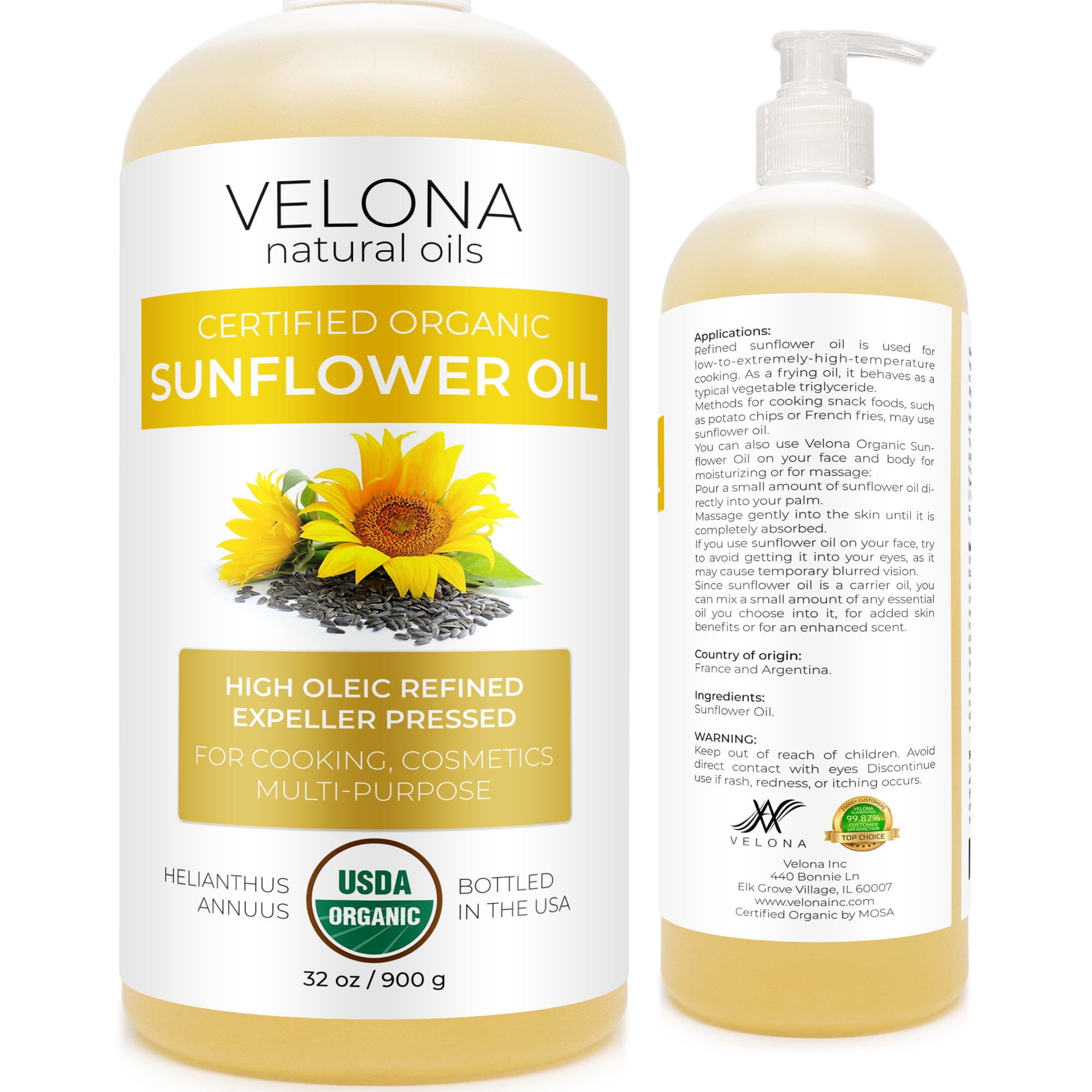 Velona USDA Certified Organic Sunflower Oil - 32 oz | 100% Pure and ...