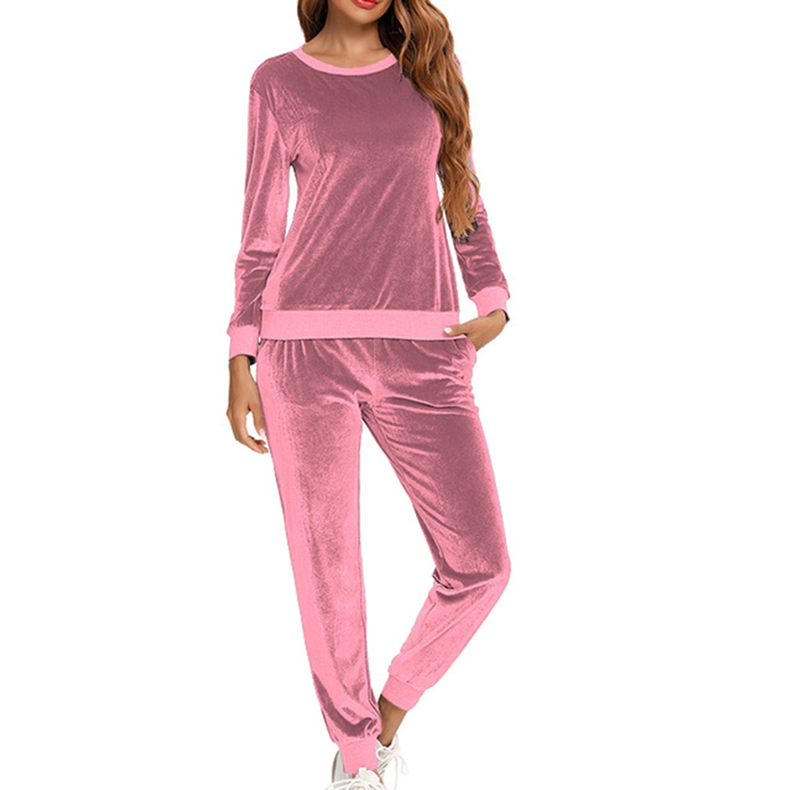 Velour Tracksuit Women Full Set 2 Piece Outfits Plain Long Sleeve Tops ...