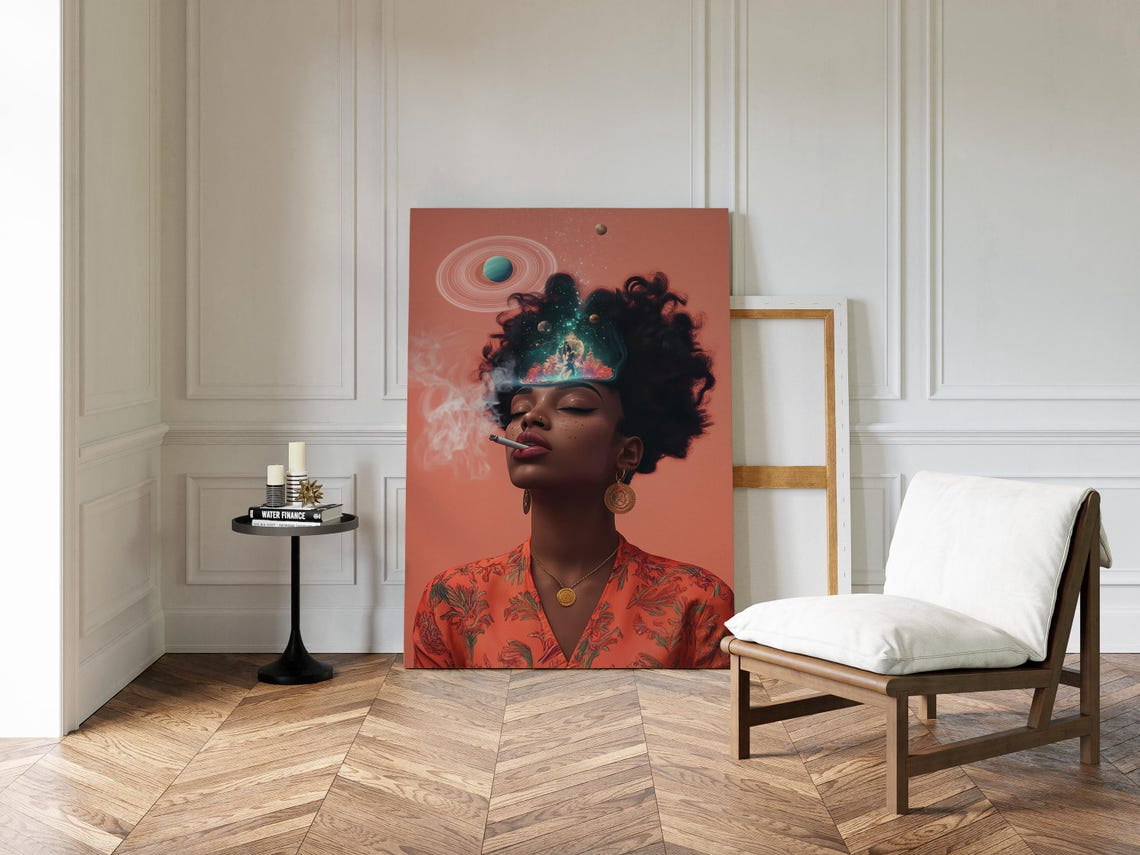 Velto Afrofuturism Cosmic Portrait Canvas – Surreal Black Woman Smoking ...