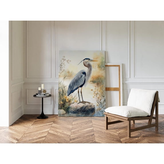 Velto Blue Heron Wall Art, Serene Marsh Bird With Golden Wildflowers ...