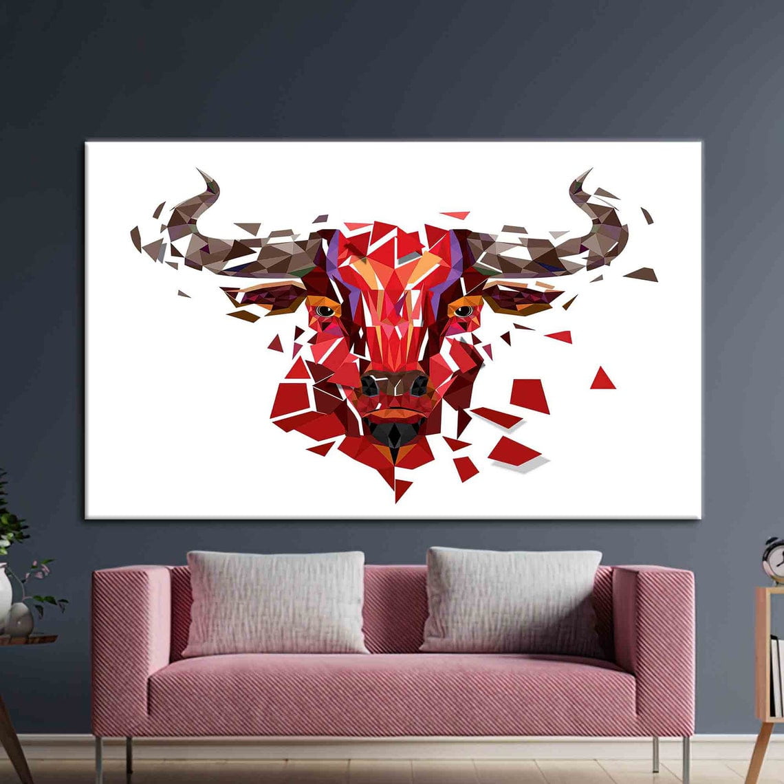 Velto Buffalo Canvas, Bull Polygon Artwork, Animal Wall Decor, Red Bull ...