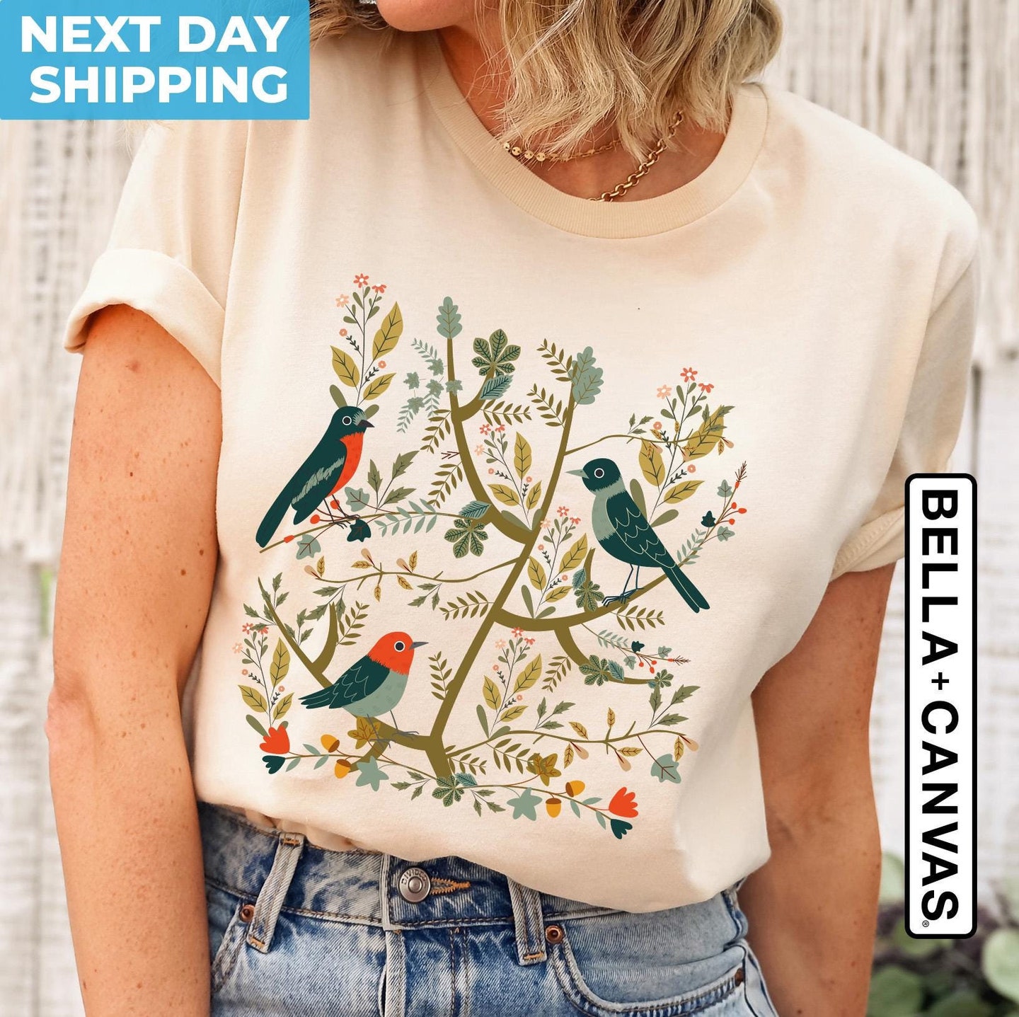 Velto Cottagecore Birds and Flowers Shirt, Folk Art Scandi Art T Shirt ...